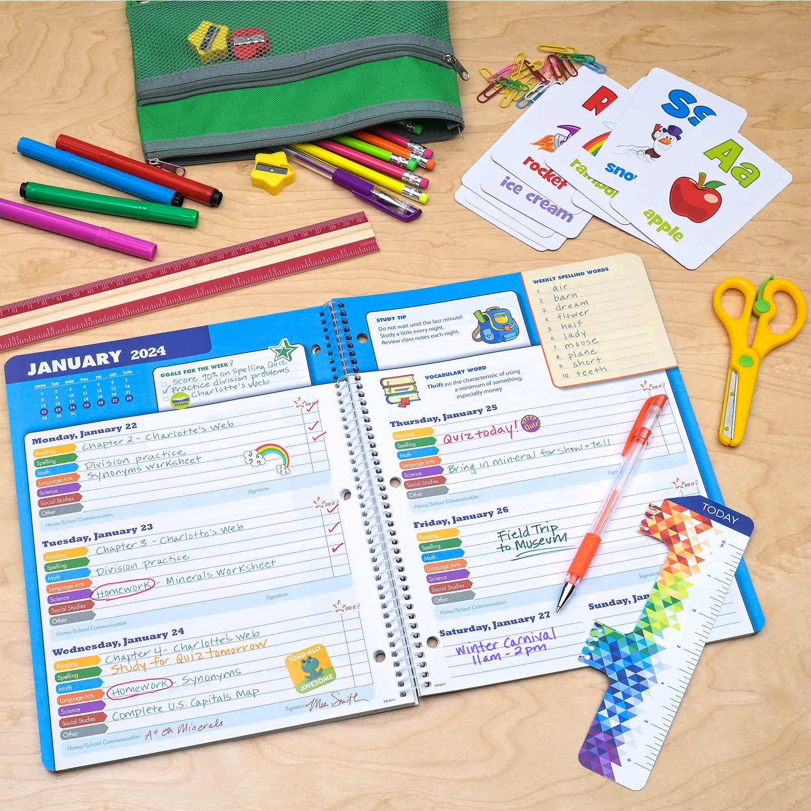 Global Datebooks Dated Elementary Student Planner for Academic Year 2023-2024 Includes Ruler/Bookmark and Planning Stickers (Block Style - 8.5"x11" - Space)