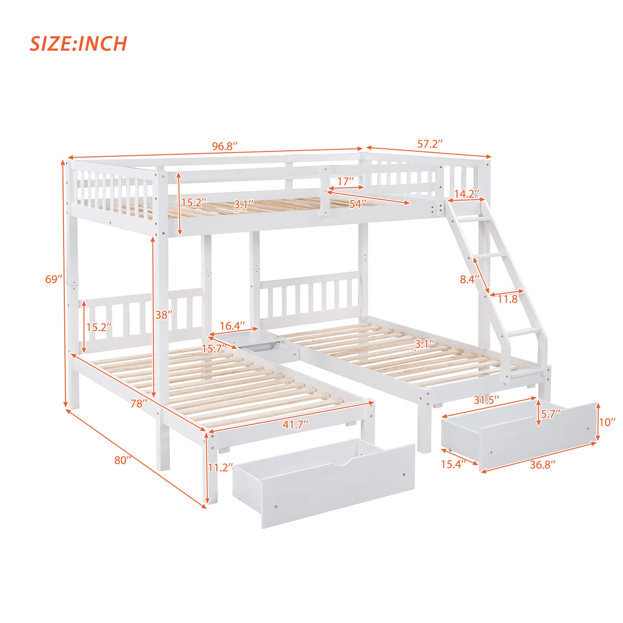Wood Triple Bunk Bed Full Over Twin &Twin Bunk Beds for 3, Wooden Triple Beds Frame with Drawers and Guardrails for Kids,Teens, Adults, No Box Spring Needed (White)