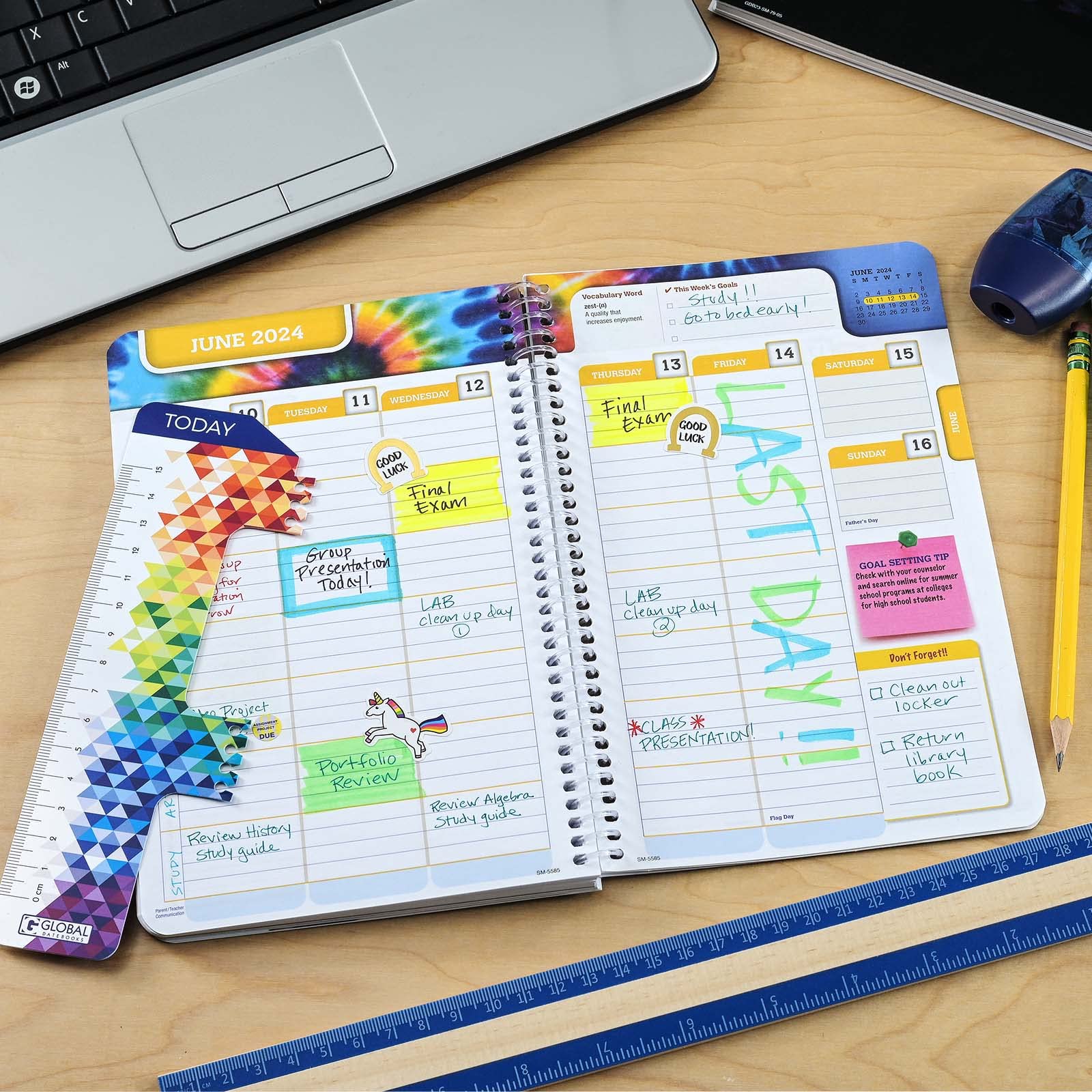 Global Datebooks Dated Middle School or High School Student Planner for Academic Year 2023-2024 Includes Ruler/Bookmark and Planning Stickers (Matrix Style - 5.5"x8.5" - Blue Colors)
