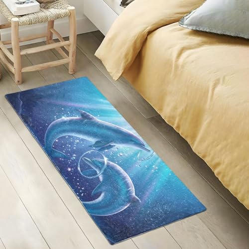 Fluffy Floor Carpet-Dolphin Blue Ocean Summer,39x20in Front Door Mat Indoor Machine Washable Carpet,Aesthetic Rug