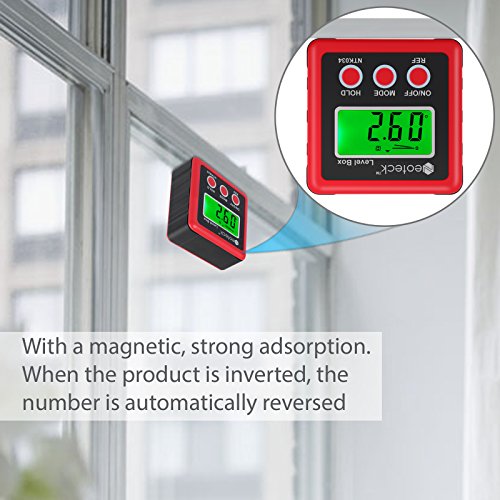 Neoteck Digital Angle Finder, Backlight LCD Digital Angle Gauge Protractor Inclinometer Bevel Box, Magnetic Base, Data Hold, IP54 Dust and Water Resistant- Red