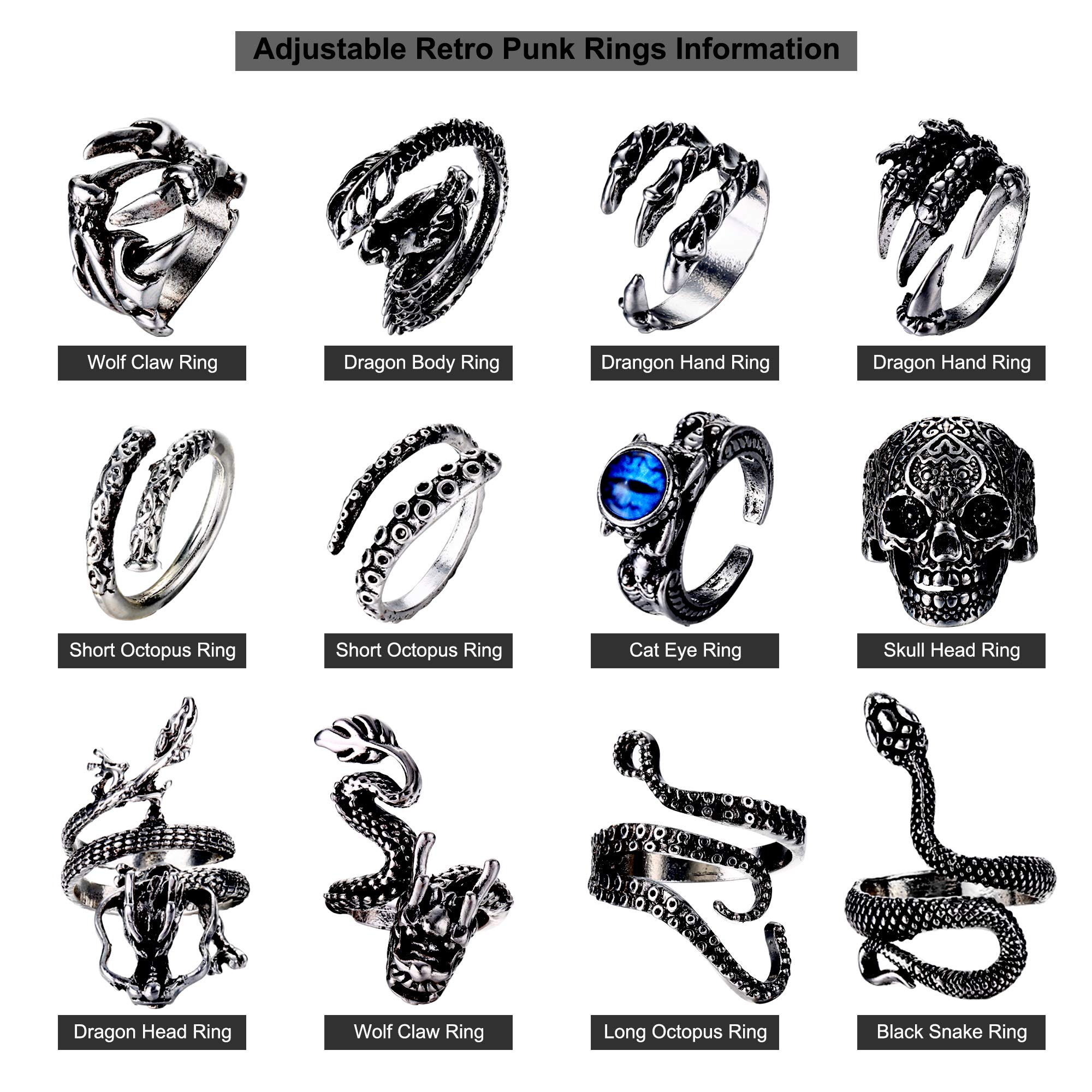 FIBO STEEL 12 Pcs Vintage Punk Rings Octopus Dragon Snake Ring for Men Women Adjustable Cool Gothic Ring Set Jewelry