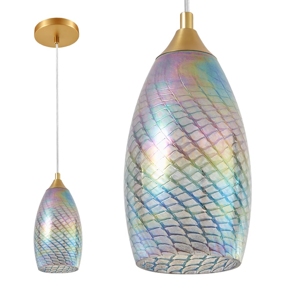Eicrkodn Mini Glass Pendant Lights Kitchen Island, Handcrafted Blown Art Glass Ceiling Pendant Lighting with Brushed Gold Finish, Adjustable Cord Pendant Lights for Hallway,Dining Room, 3 Pack