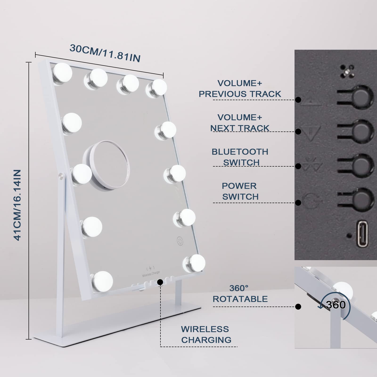 Leishe Vanity Mirror with Lights and Bluetooth Speaker, Lighted Makeup Mirror with Wireless Charging and 12 LED Dimmable Bulbs, 3 Light Modes, Detachable 10x Magnification (White)