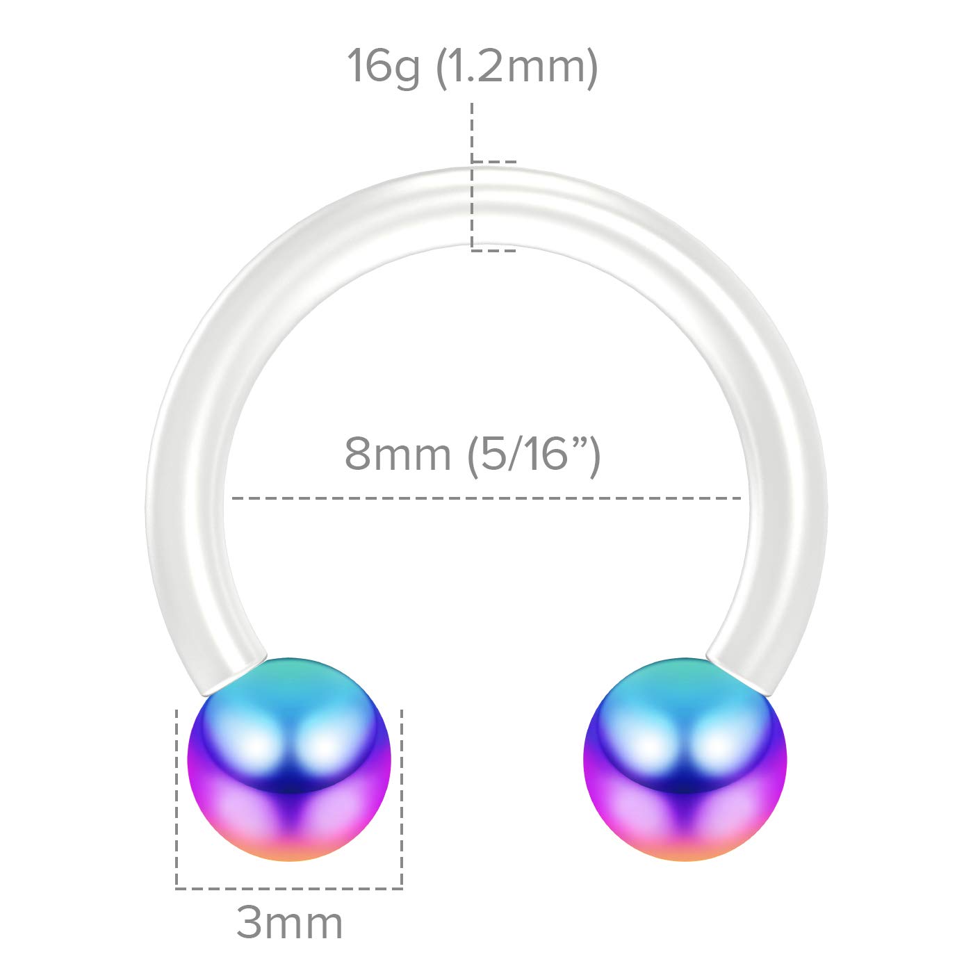 Evonix 2pc 16g Flexible Bioflex Circular Barbell Horseshoe Septum Ring Bioplast Piercing 8mm Rainbow Ball