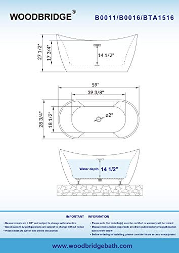 WOODBRIDGE 59" Acrylic Freestanding Bathtub Contemporary Soaking White Tub with Chrome Overflow and Drain,B0016 -C-Drain &O