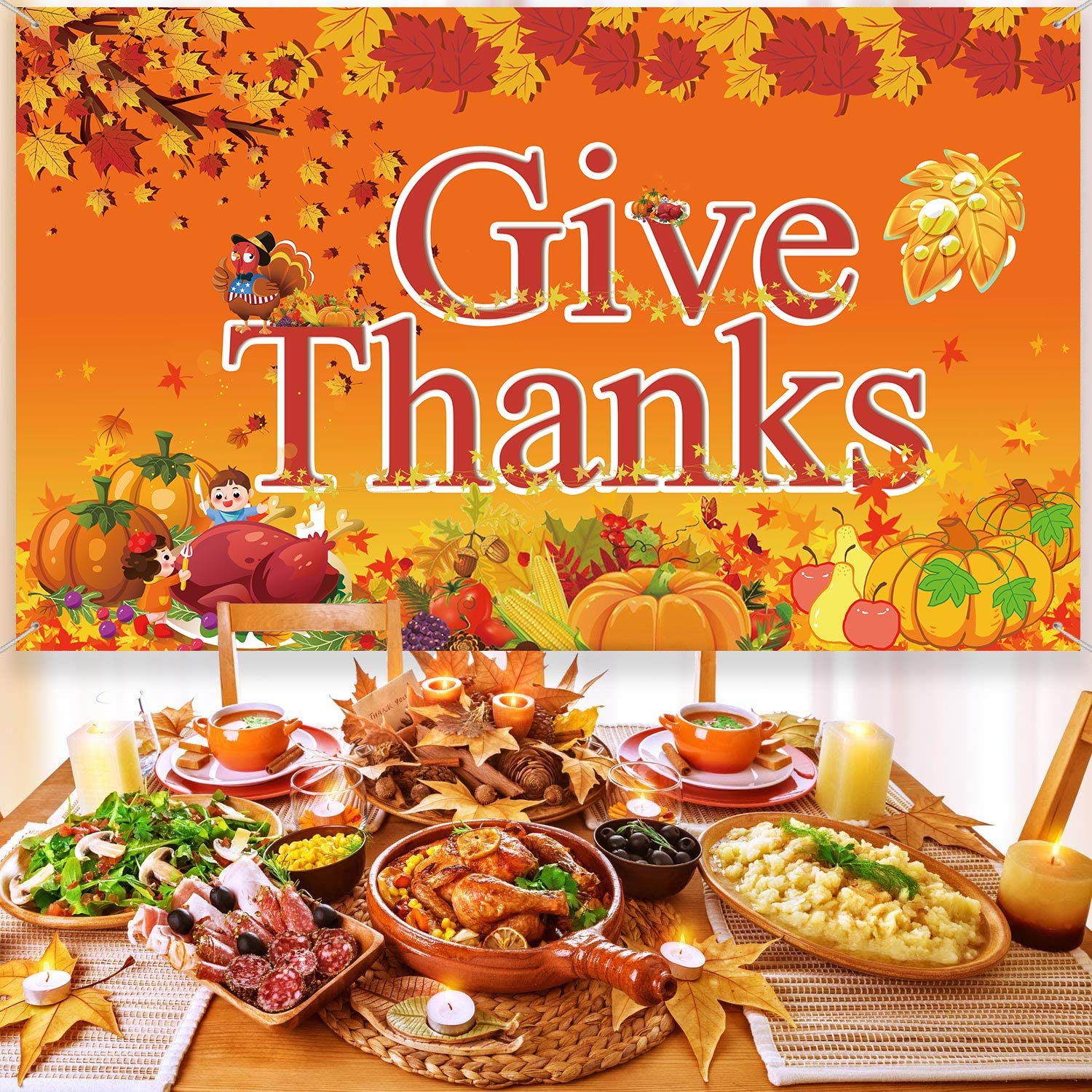 GIVE Thanks Extra Large Fabric Sign Poster Banner Backdrop for Thanksgiving Day Party Decorations with Pattern Pumpkin Maple Leaf Turkey Corn Fruit Welcome Autumn Hang Outdoor Indoor 43.3"x70.8"