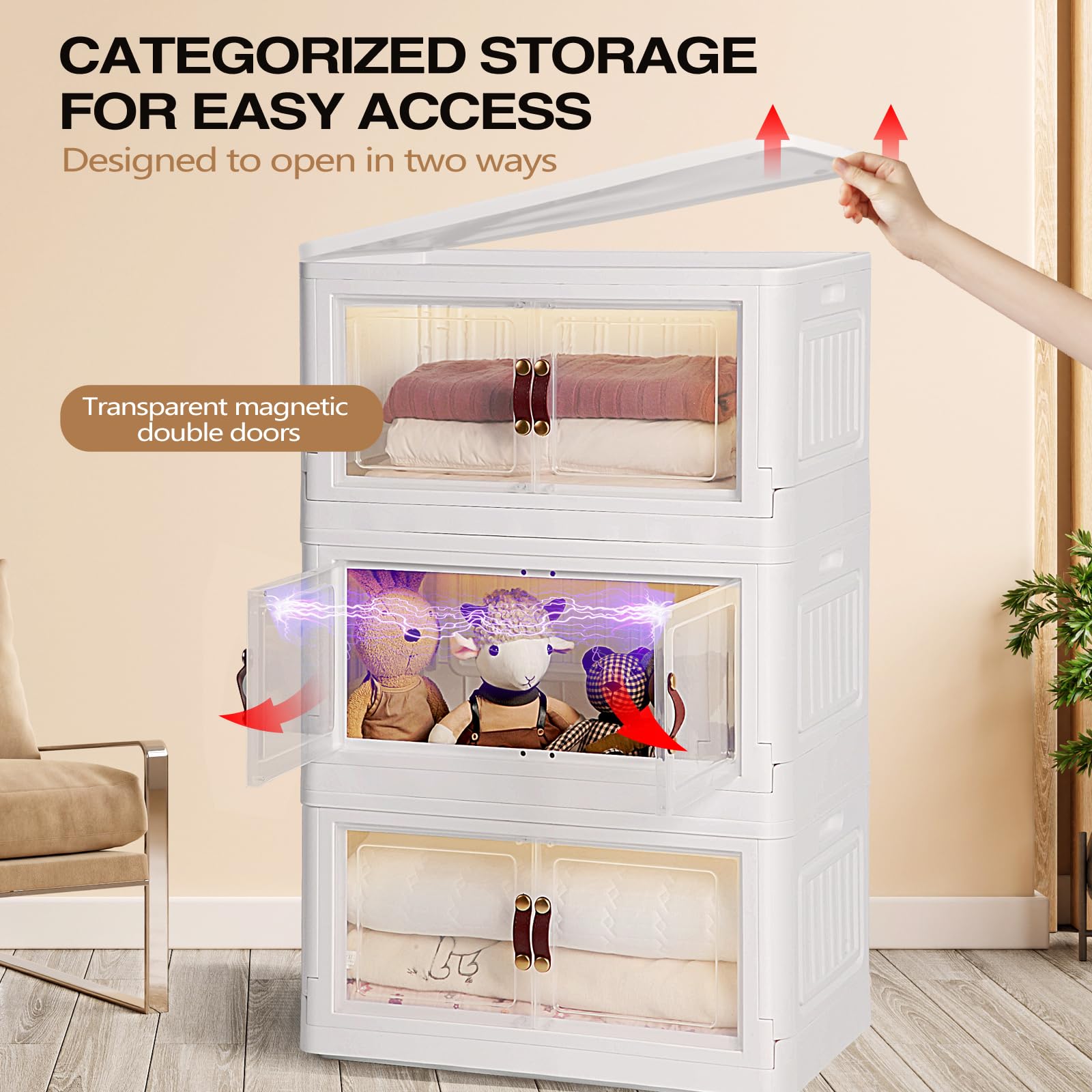 Storage Bins with Lids, Large Closet Organizers and Storage, 20 Gal Plastic Collapsible Storage Bins with Wheels, 4 Pack Double Door Clear White Stackable Storage Bins, Crate for Book