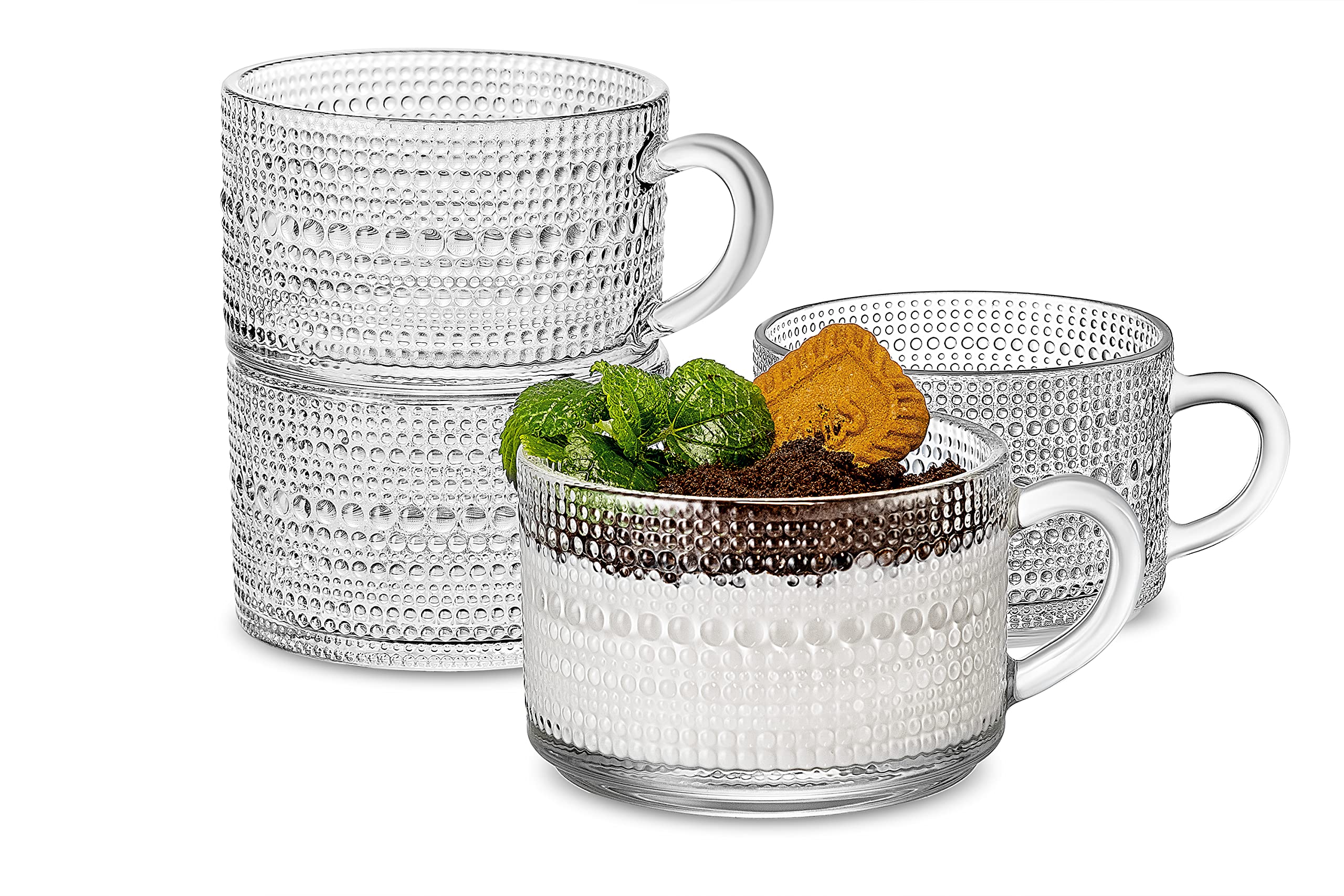 LUXU Vintage Coffee Mugs 14 oz Set of 4 Glass Tea Cups Stackable Glass Coffee Cups,Cute Coffee Bar Accessories,Iced Coffee Glasses,Clear Embossed Glass Cups for Cappuccino,Latte,Cereal,Yogurt,Milk