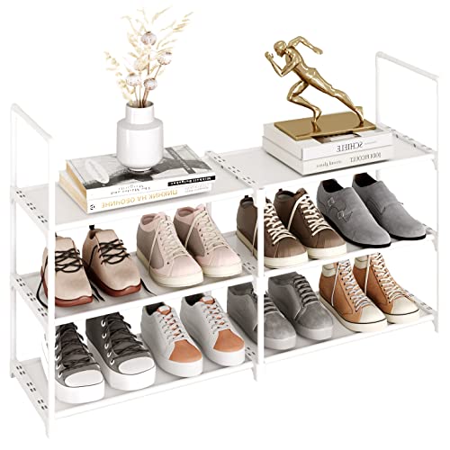 Yegazte Long 3-Tier Shoe Rack, Wide Shoe Storage Organizer Stackable Space Saving Shoe Shelf for 12-15 Pairs, Shoe Stand for Closet, Entryway and Hallway(White)