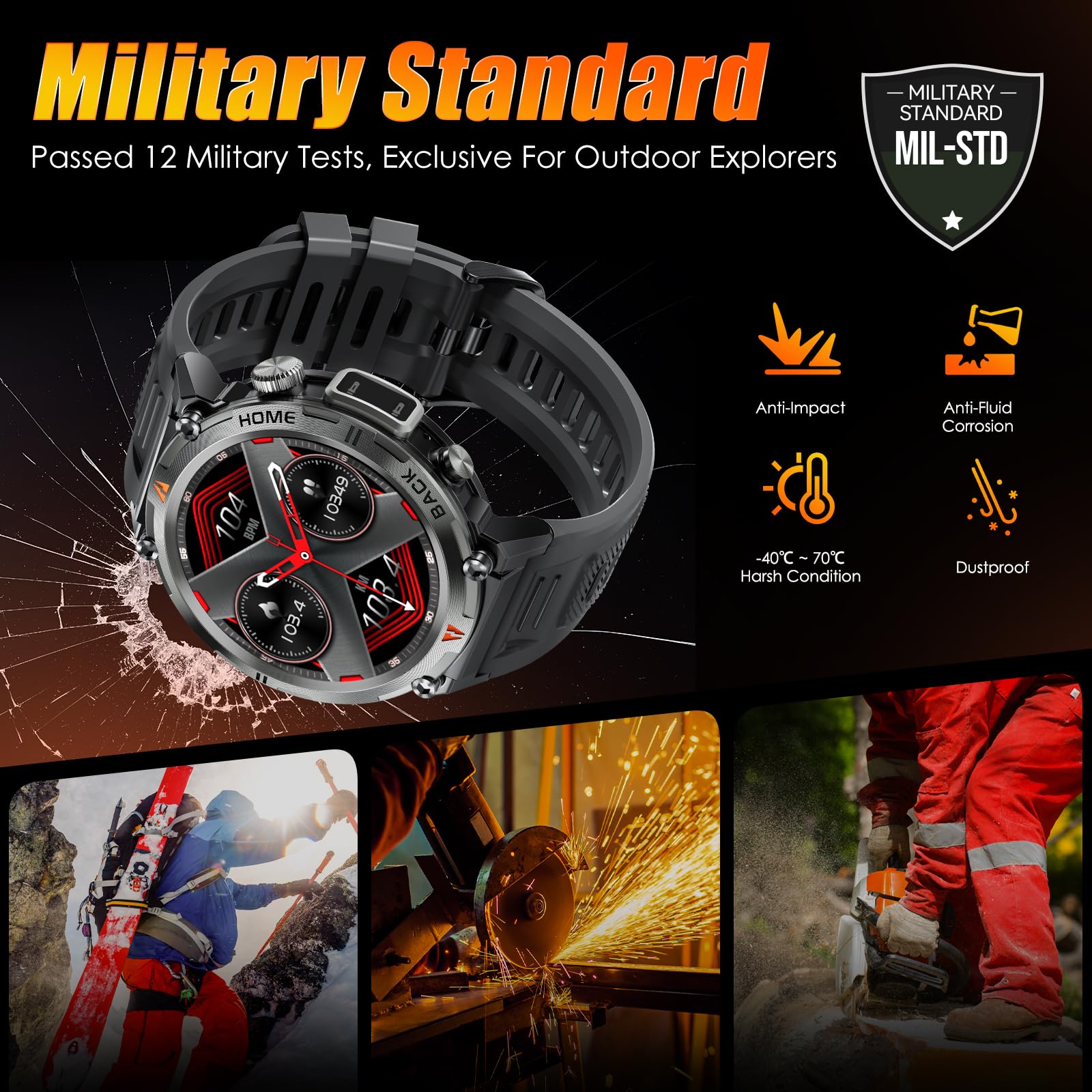 EIGIIS Military Smart Watch for Men Tactical Rugged with Bluetooth Call Flashlight 1.45'' Big Screen Fitness Tracker Heart Rate Sleep Monitor Waterproof Sports Smartwatch iPhone Android Black