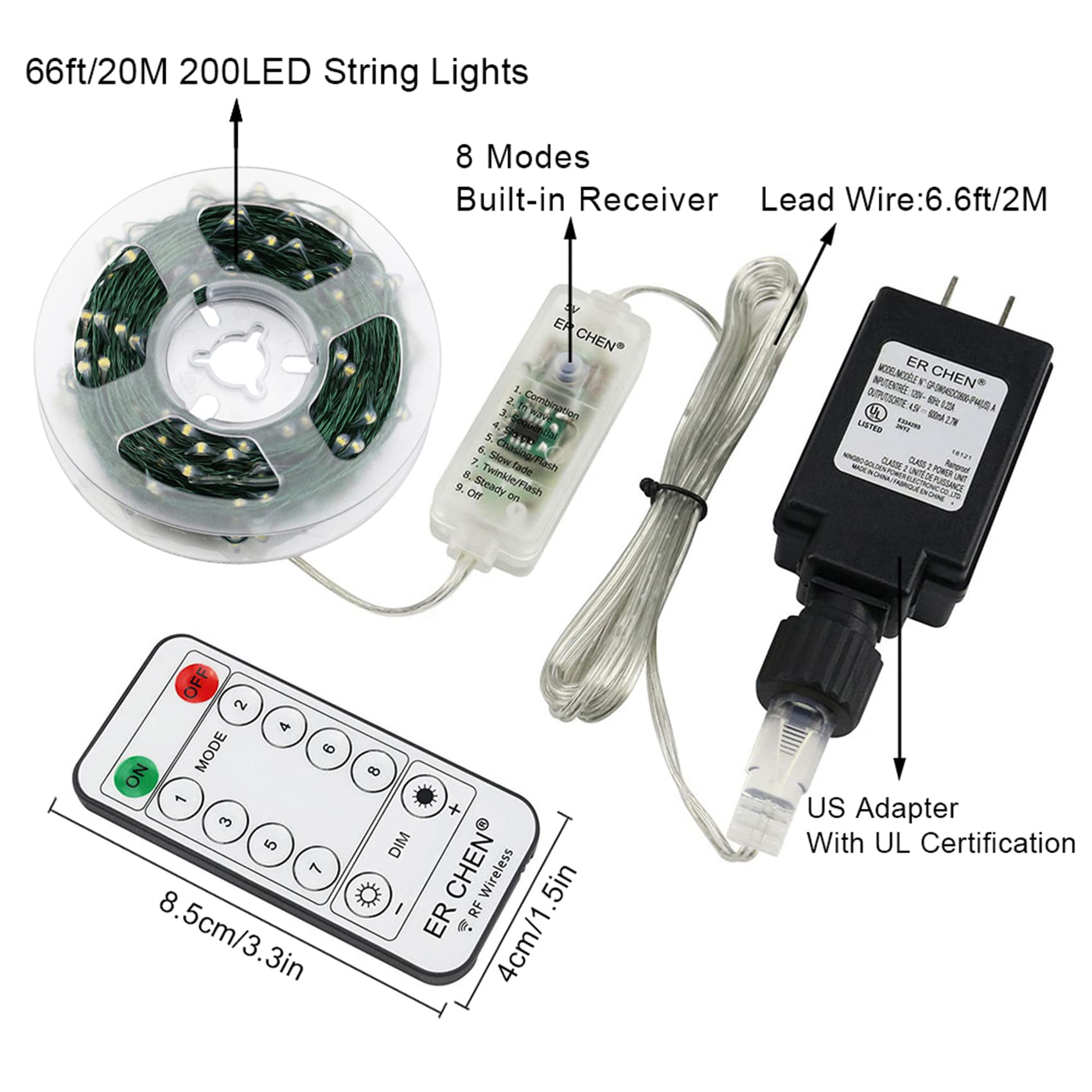 ER CHEN 66ft Led String Lights, 200 Led Starry Lights on 20M Green Copper Wire String Lights Power Adapter + Remote Control(Multicolor)