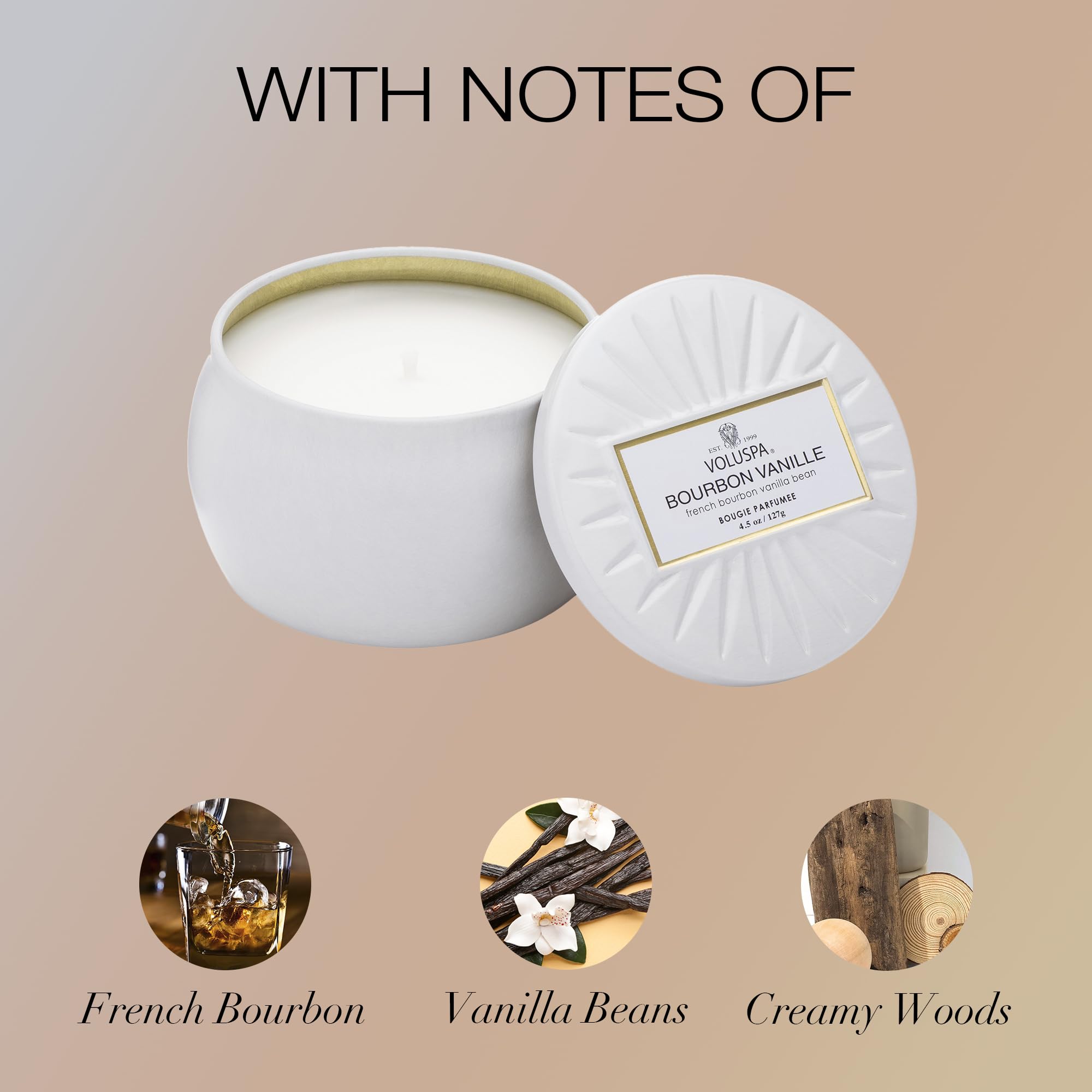 Voluspa Bourbon Vanille, Mini Tin Candle, 4 oz, 25 Hour Burn Time, All Natural Wicks and Coconut Wax for Clean Burning, Vegan, Poured in the USA