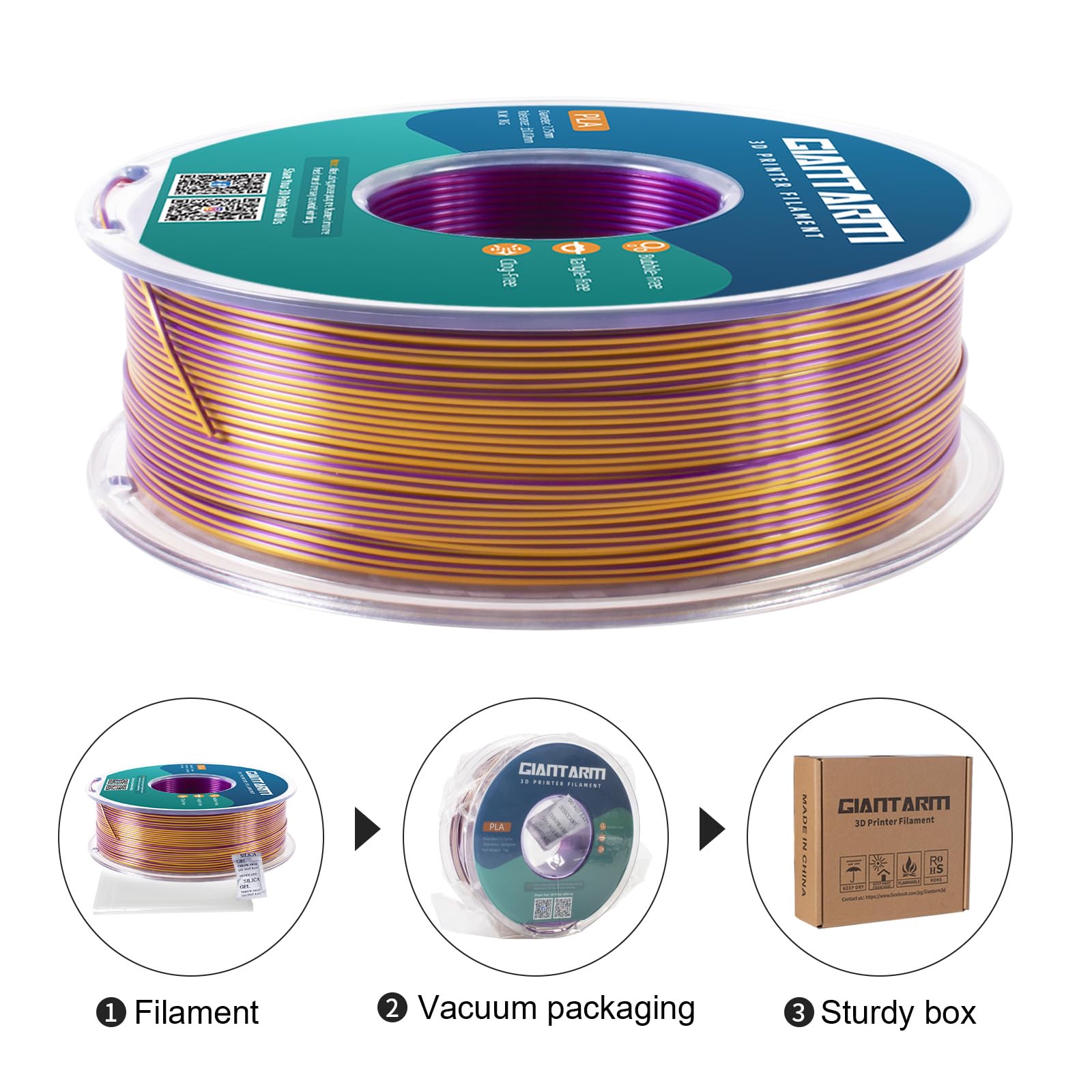 GIANTARM Tri-Colors Silk Pla Filament, 3D Printer Filament 1.75mm +/-0.02mm, 1Kg (2.2lbs) Spool, Vacuum Packaging(Red+Gold+Purple)