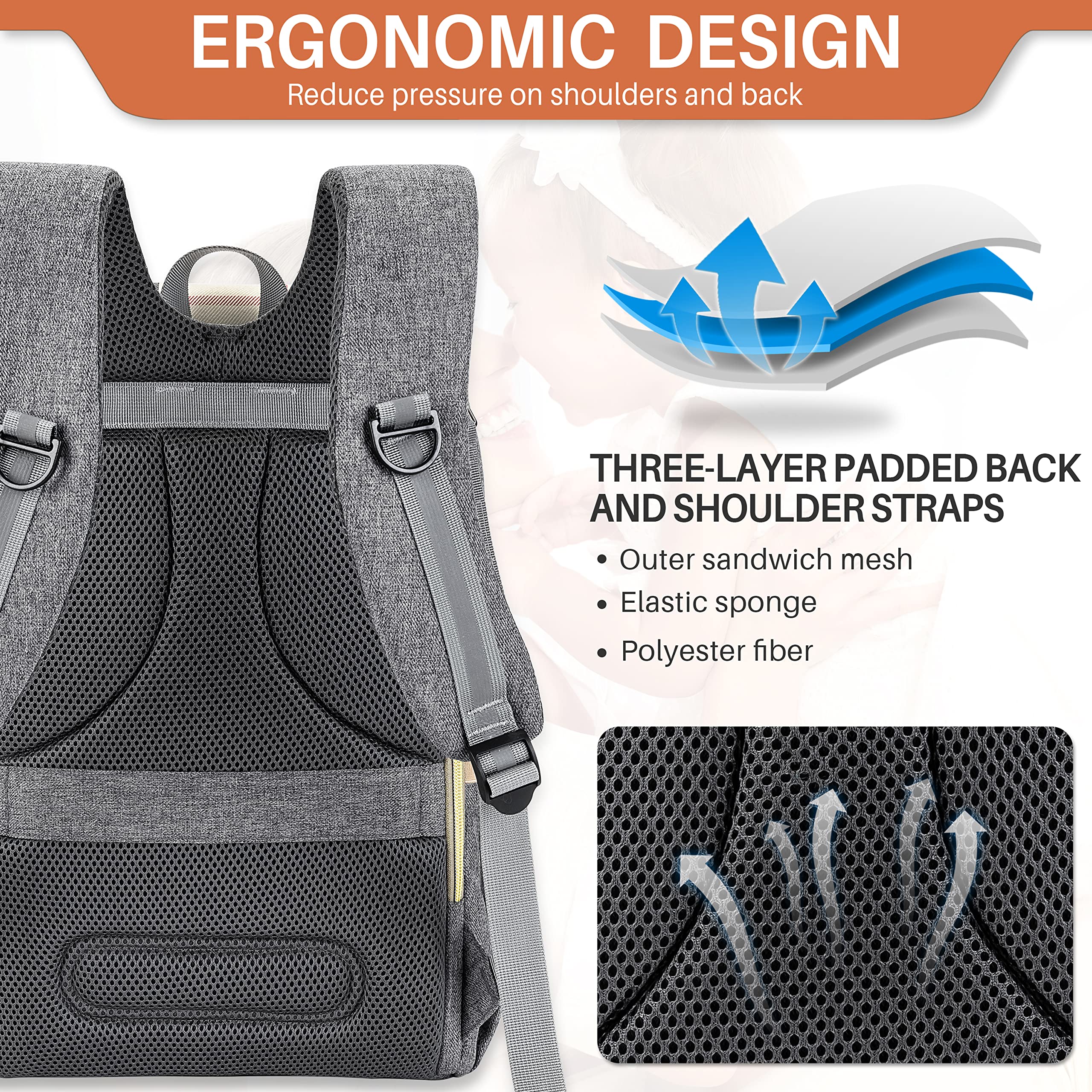 espidoo Diaper Bag Backpack, Large Capacity Multi-Function Waterproof Maternity Nappy Bags Changing Bags with Insulated Pockets and Stroller Straper for Mom Dad Travel Gear, Light Grey with Plaid