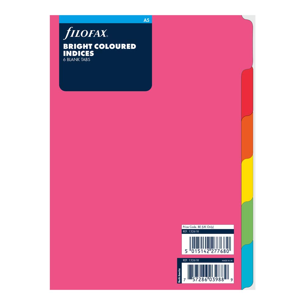 Filofax B1326186, 6-tab index Organizer Refill, A5 Size, Bright colors, Blank (B132618)