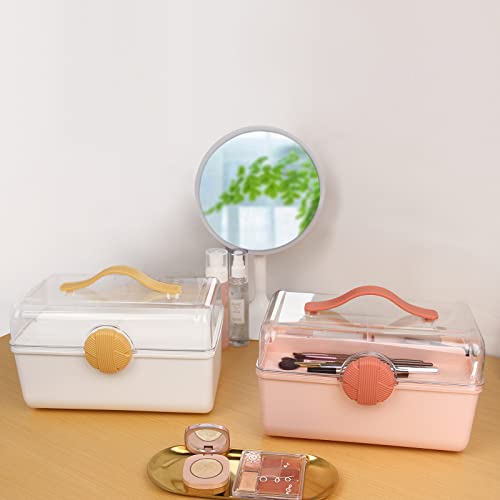 OSteed Craft Storage Organizer, Plastic Sewing Box Portable with Handle, Knob & Grid Tray for Art & Sewing Supply, Cosmetic and Medicine, Pink