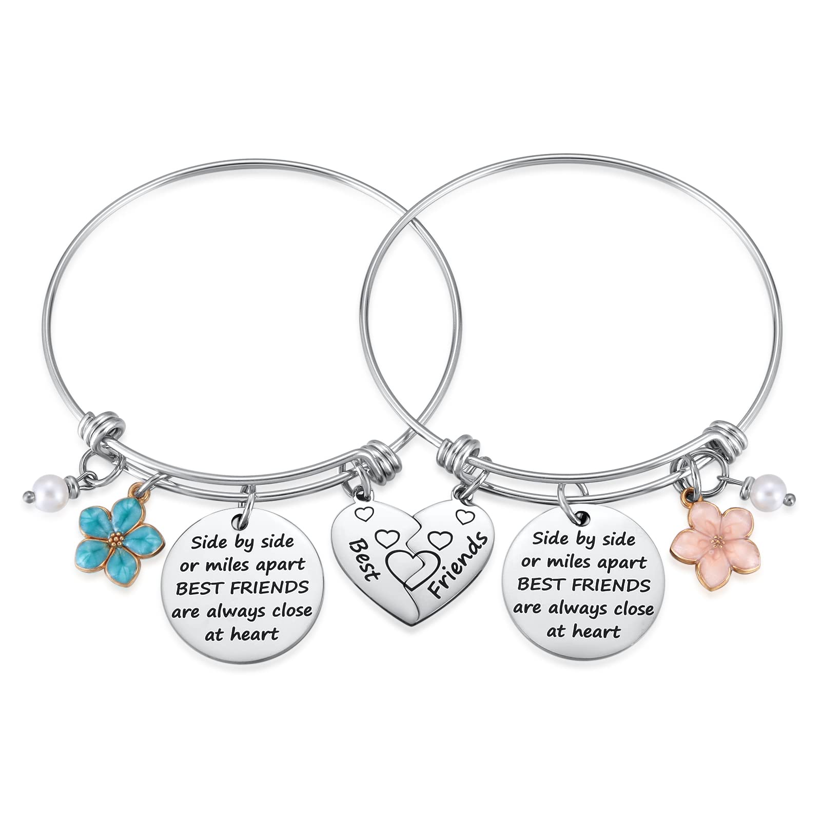 Friendship Bracelet Set of 2 for Best Friends, Best Friend Jewelry for 2 Teen Girls Bestie, Long Distance BFF Matching Heart Bangle for Valentines Day Birthday Christmas