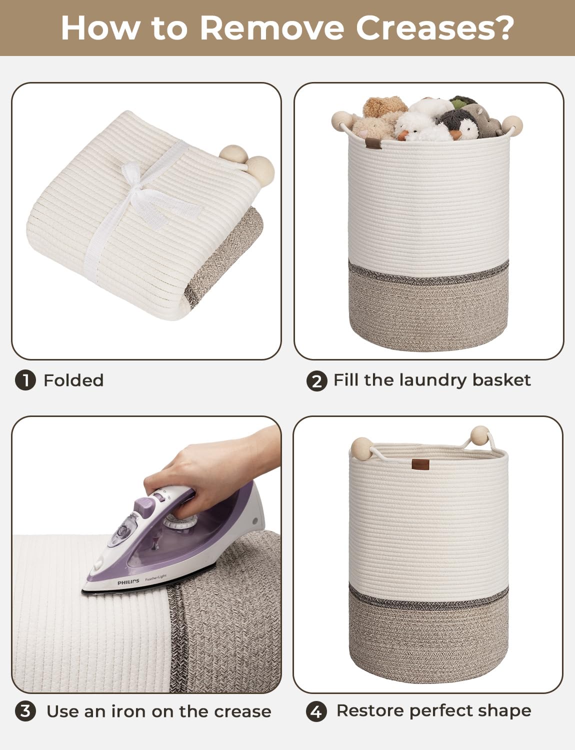 StorageWorks 58L Cotton Rope Laundry Basket with Wooden Beads Handles, Woven Basket for Storage, Dirty Clothes, Kids Toys, Towels, White & Light Brown
