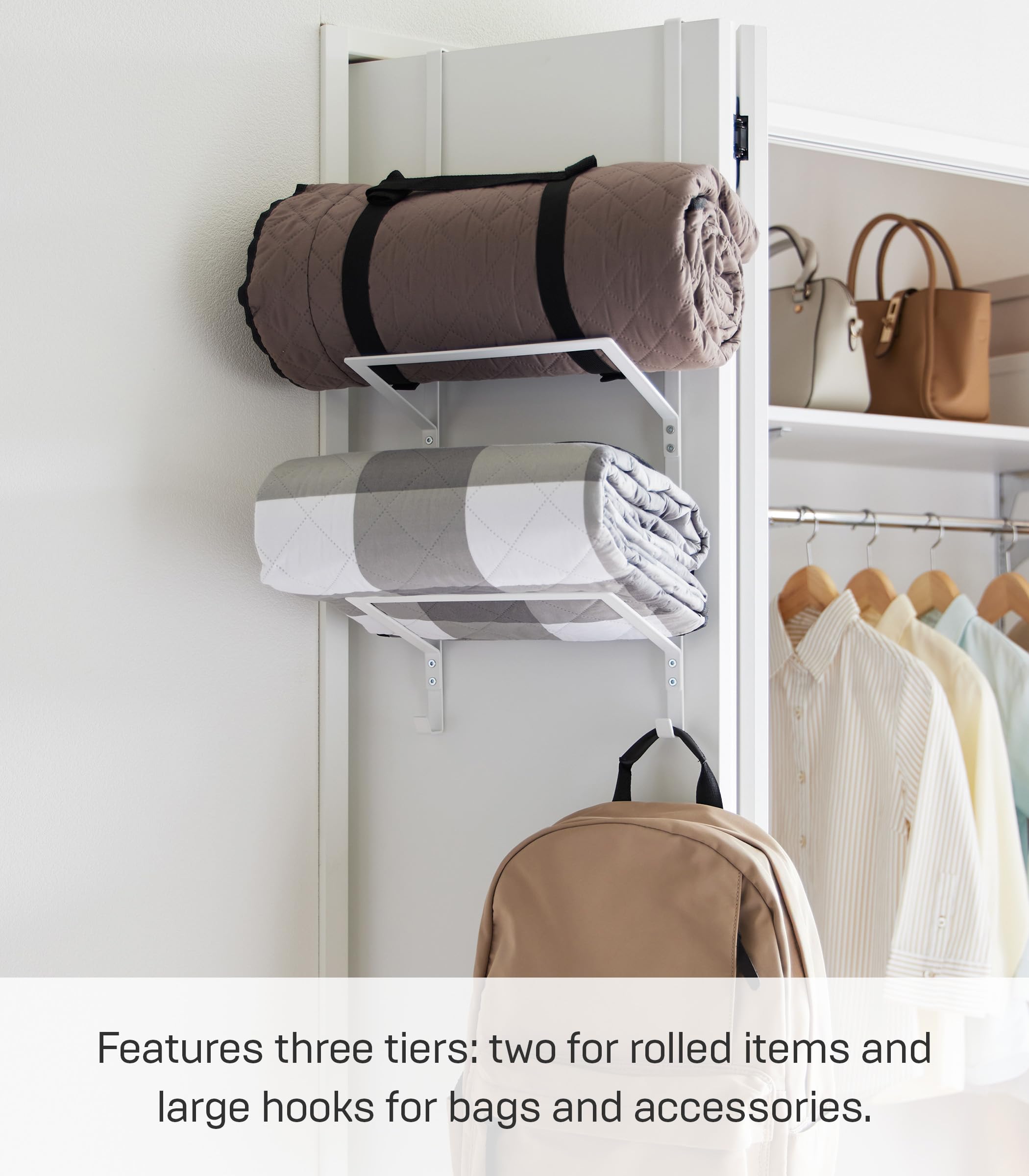 Yamazaki Home Tower Over-The-Door Yoga Mat Storage Hanger - 3-Tier Organizer for Foam Rollers, Backpacks, Hats, Bags - Extra Closet Space Saver - Steel