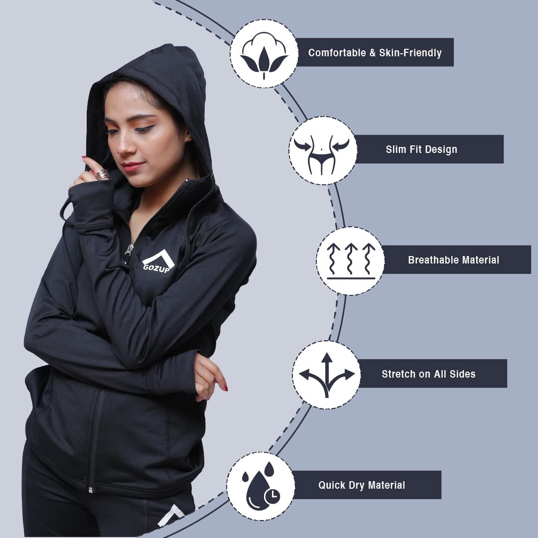 GOZUP Workout Jackets for Women - Full Zip Lightweight Quick Dry Hooded Black