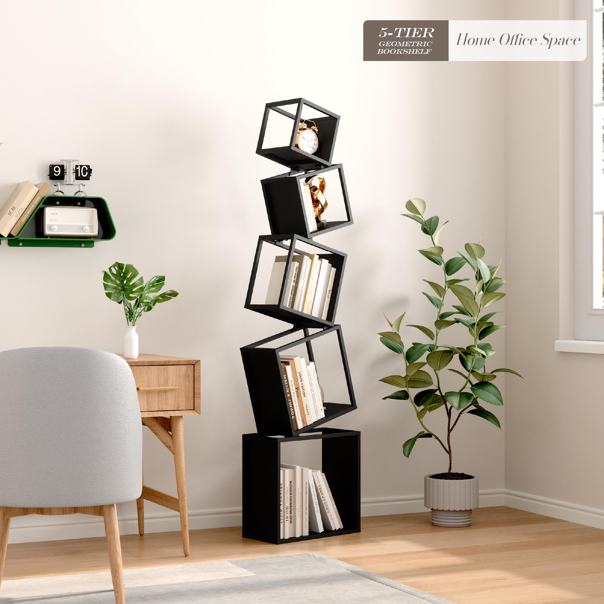 Sttoraboks Bookshelf, 5-Tier Geometric Bookcase, 70.6" Tall Black Book Organizer, Industrial Bookshelf, Book Case, Corner Book Shelf, Display Shelf, Storage Shelves for CDs/Books/Home Décor