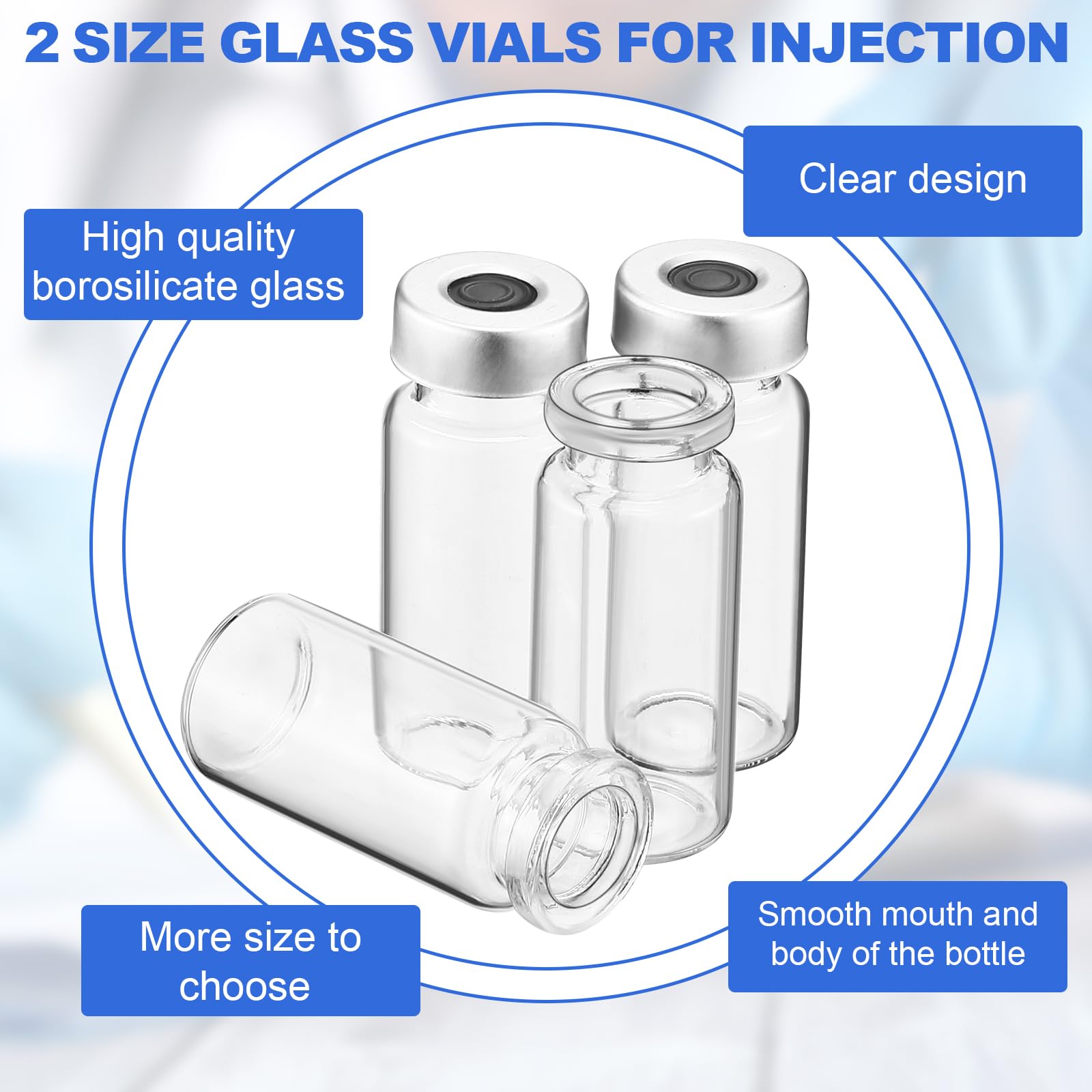 Potchen 100 Pack Sterile Vials For Injections Glass Empty Bottle Bulks Lab Sample Vial With Aluminum Flip Caps And Rubber Stoppers Glass Vials with Injection Port(10 ml)