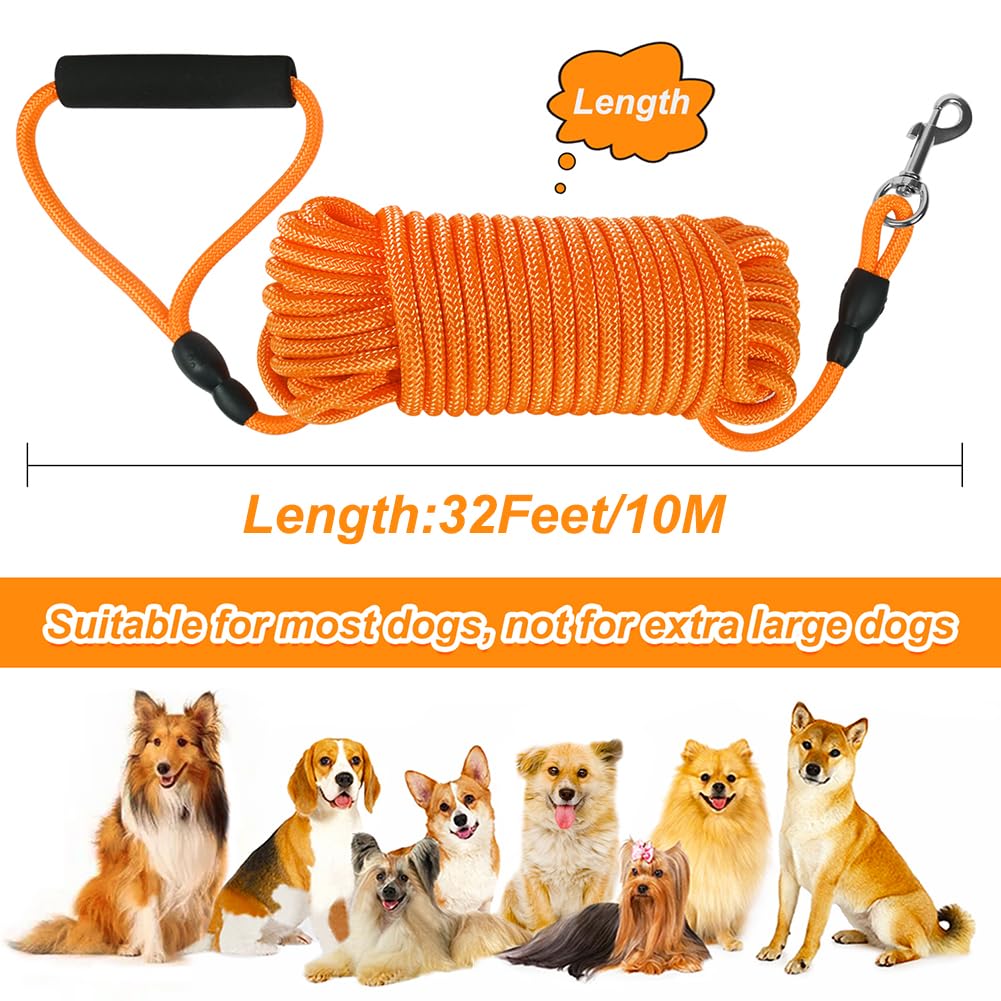 Vivifying Long Dog Leash, 32ft Floating Dog Training Leash, Check Cord Rope Leash with Comfortable Handle for Outside, Hiking, Swimming, Beach and Lake (Orange)