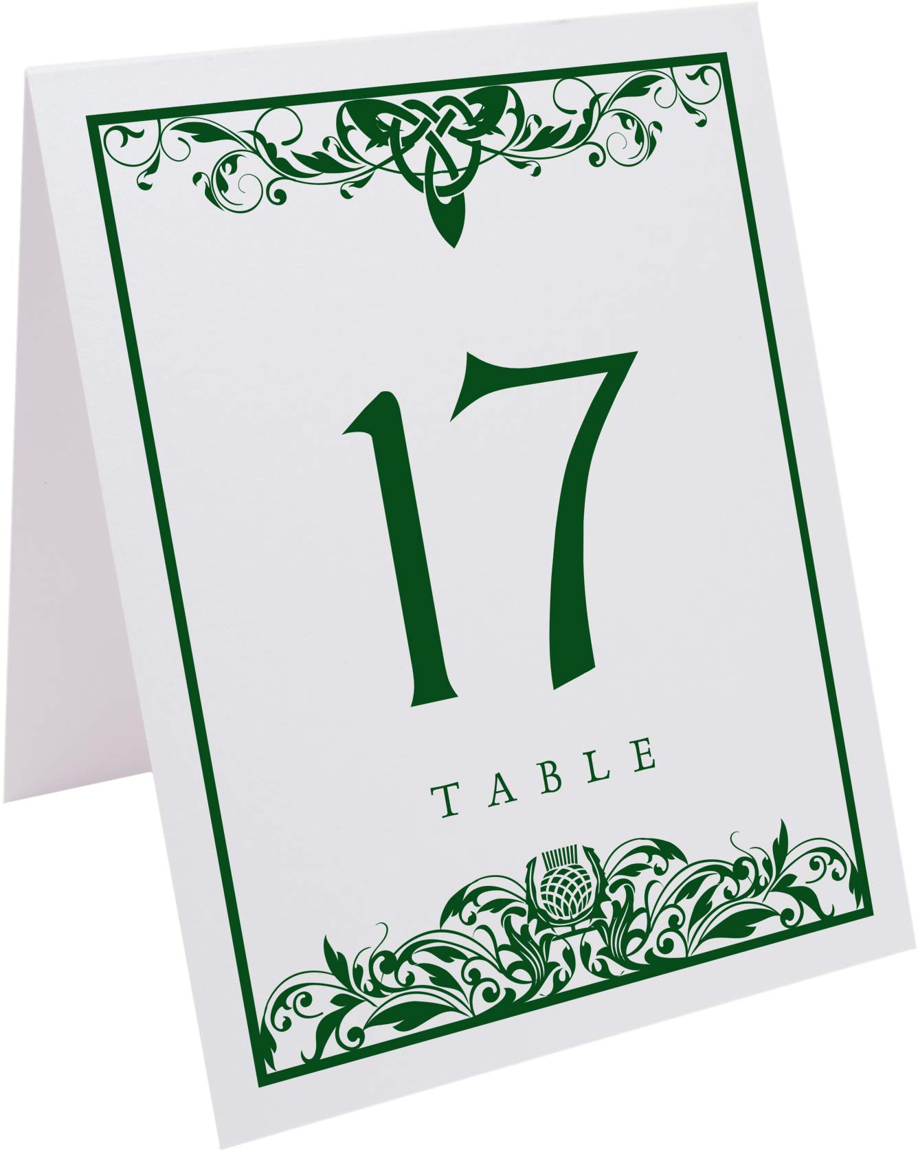 Scottish Thistle Wedding Table Numbers (Select Color/Quantity), White, Hunter Green, 1-40, Double Sided, Tent or Use in a Stand, Great for Parties & Restaurants