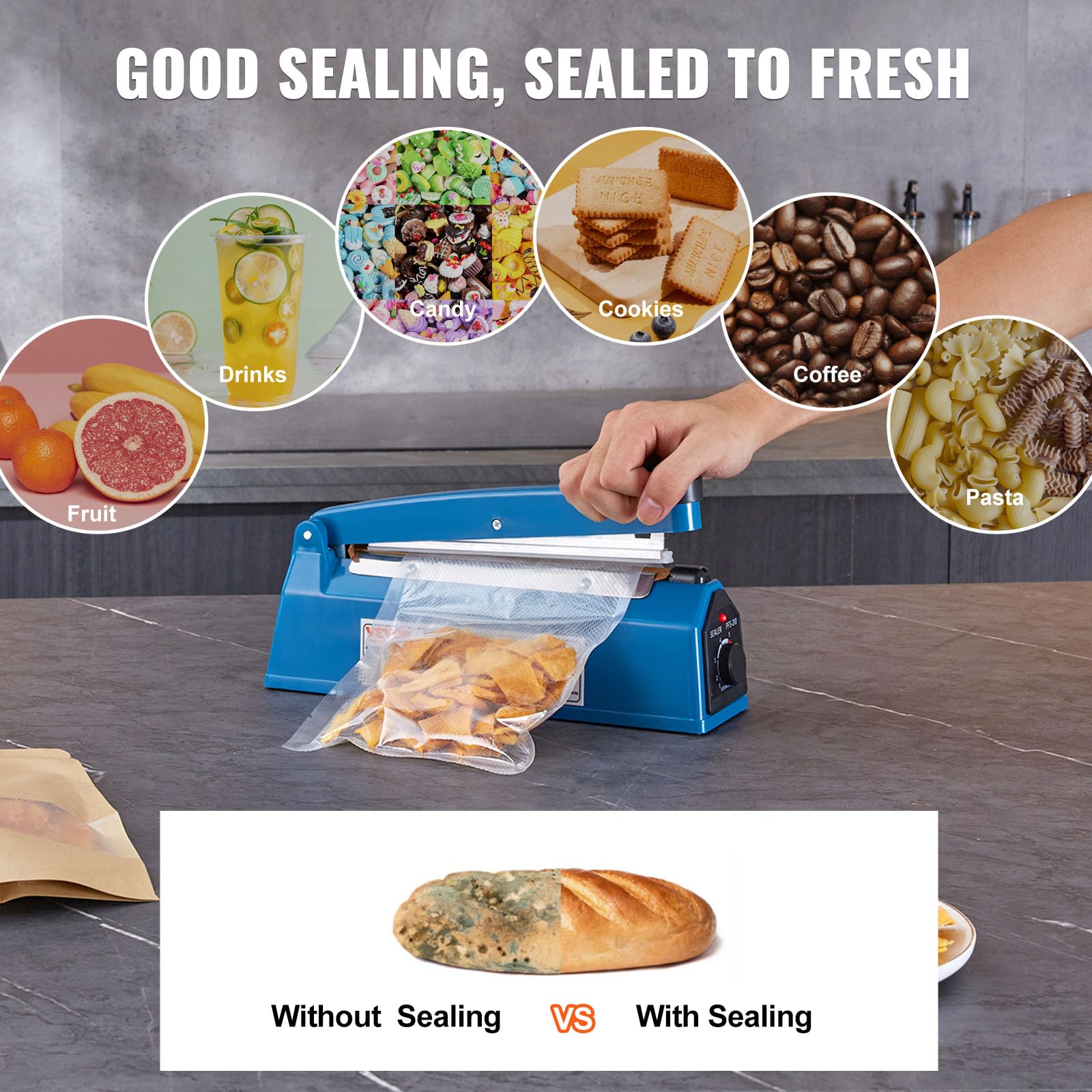 VEVOR Impulse Sealer 8 inch, Manual Heat Seal Machine with Adjustable Heating Mode, ABS Shrink Wrap Bag Sealers for Plastic Mylar PE PP Bags, Portable Poly Bag Sealing Machine with Extra Replace Kit