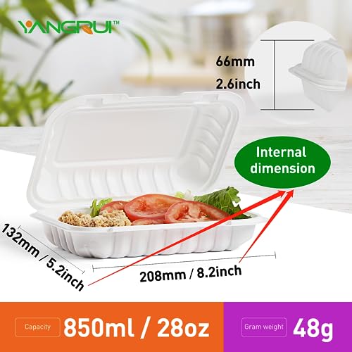 YANGRUI Clamshell Food Containers, Shrink Wrap 50 Pack 9 x 6 Inch 28 OZ Plastic Hinged To Go Containers Microwave Freezer Safe BPA Free Take Out Container