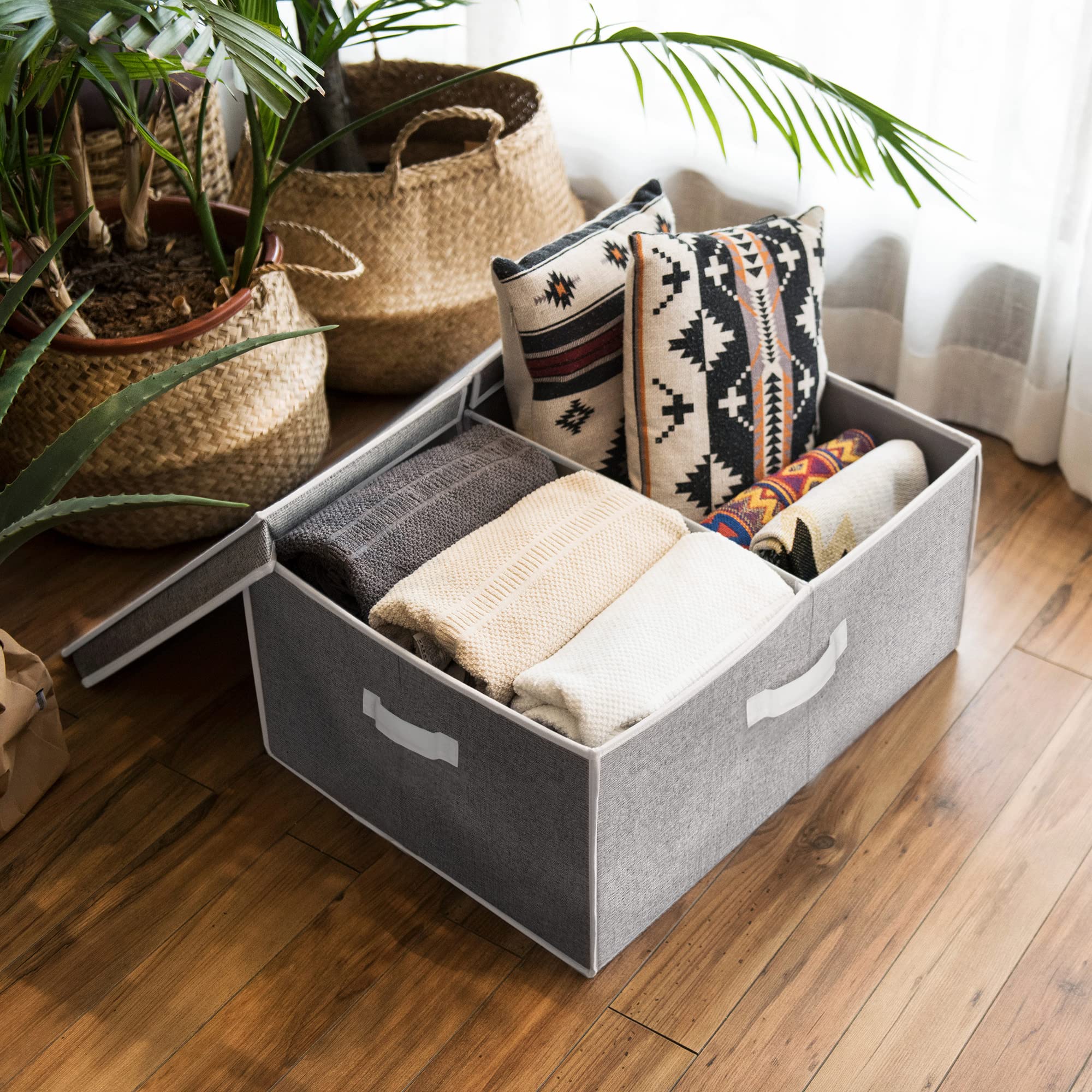StorageWorks Extra Large Clothes Storage Bins, 55L Fabric Storage Baskets with Double-Open Lid and Divider Board, Closet Storage Organizers with Handles, Mixing of Brown & Beige, 1-Pack