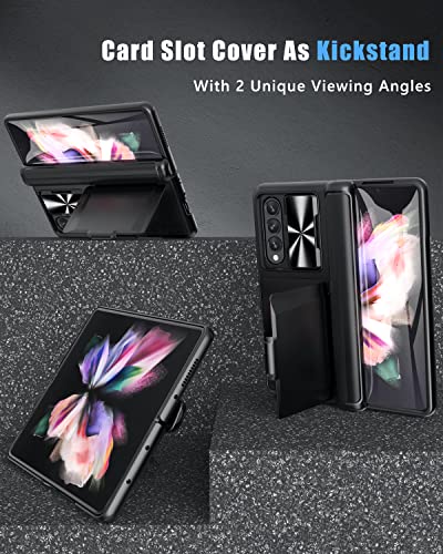 Vihibii for Samsung Galaxy Z Fold 3 5G Case with Hinge Protection, Built-in Card Holder & Kickstand & Slide Camera Cover & Screen Protector, Multifunction Case for Samsung Galaxy Z Fold 3 2021 (Black)