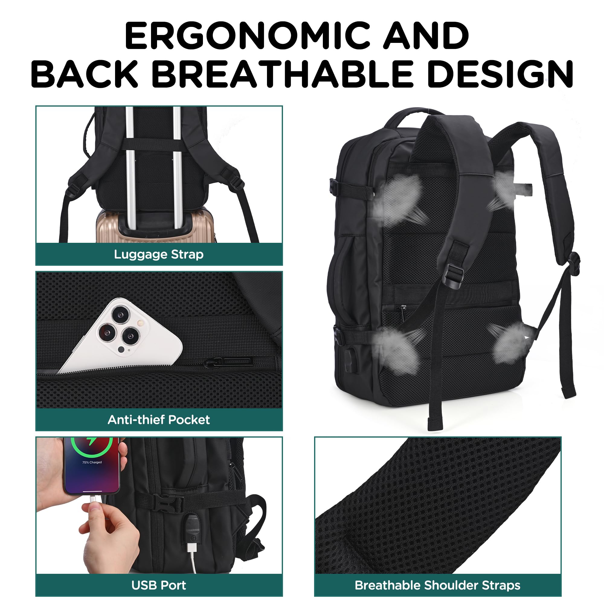 Ewaise 17inch Laptop Backpack, Black Travel Backpack with USB Charging Port, Large Casual Daypack, Flight Approved Travel Backpack, Waterproof Luggage Backpack for Women&Men
