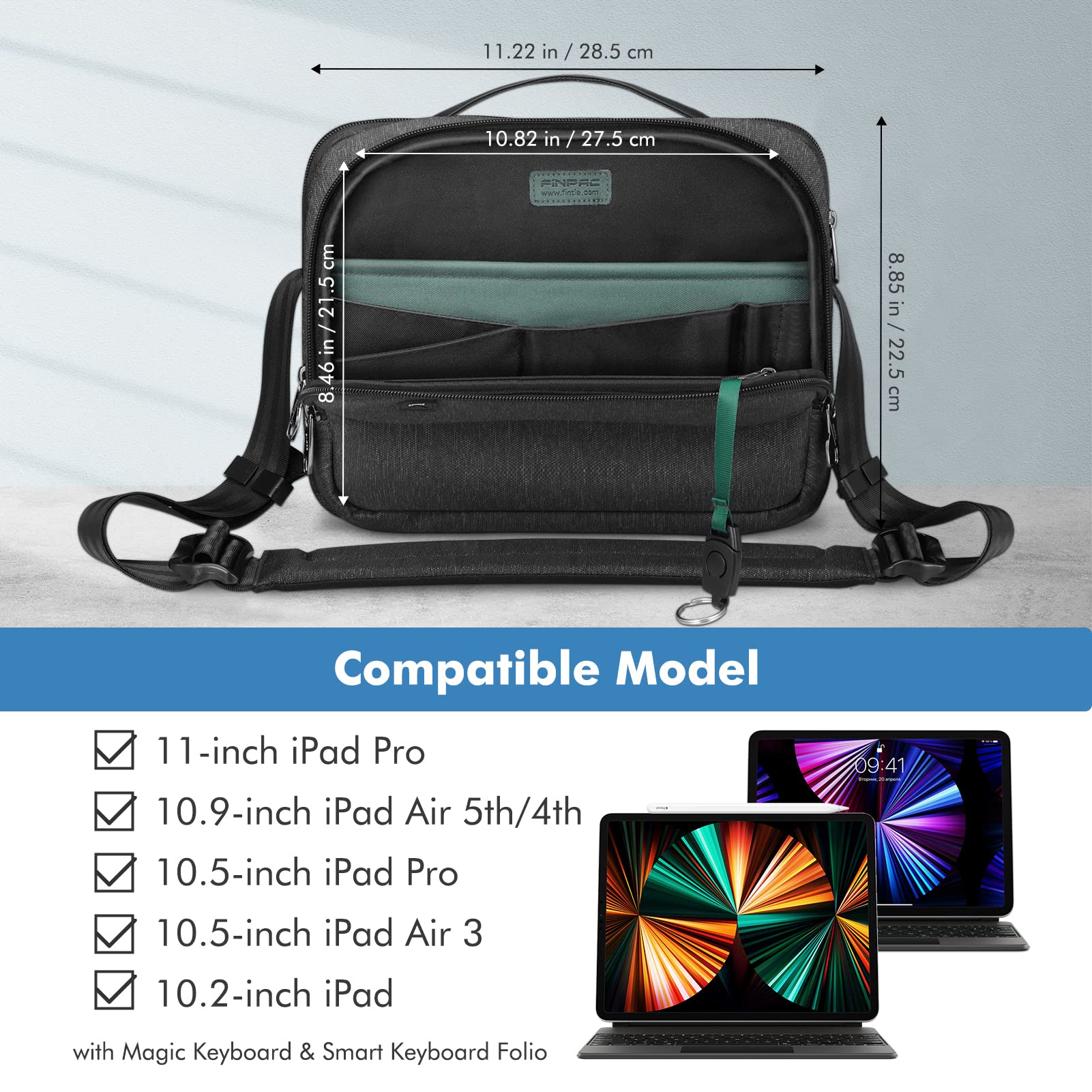 FINPAC Tablet Shoulder Bag for 11 Inch iPad Pro (4th/3rd/2nd/1st Gen) 2022-2018, 10.9 Inch iPad 2022, iPad Air 5/4, 10.2 Inch iPad, Padded Carrying Case for Surface Go, Galaxy Tabs, Black