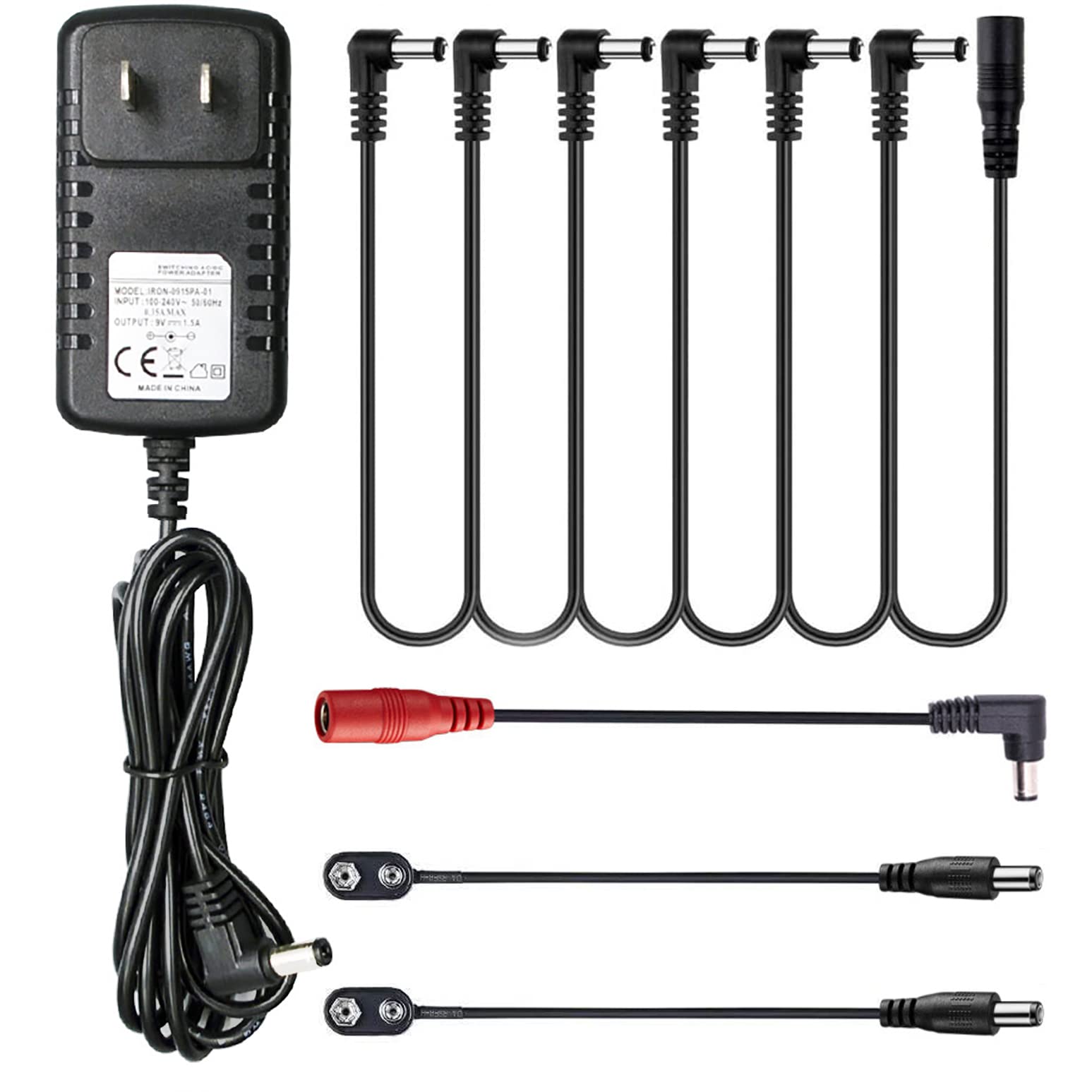 Guitar Pedal Power Supply Adapter 9V DC 1A with 6 Way Daisy Chain Cables for Guitar Effect Pedals,2 x Battery Clip Cables, 1x Reversed Polarity Cables