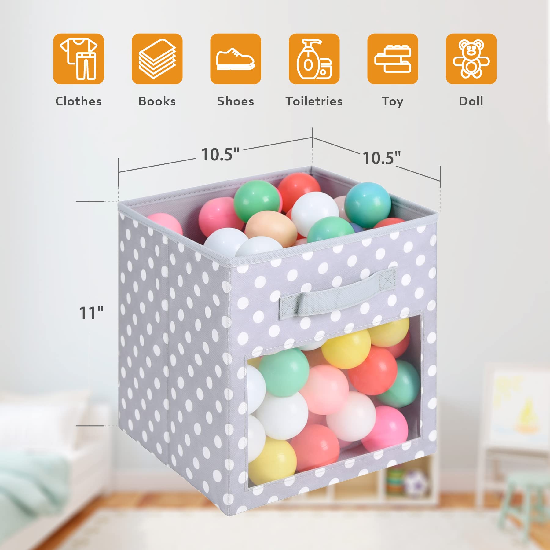 Utureal 11 Inch Fabric Cube Storage Bins with Clear Window, Collapsible Closet Shelves Storage Boxes with Handle, Kids Nursery Room Bedroom Home Basket, Toys Clothes Organizer Bin | Grey, Polka Dots