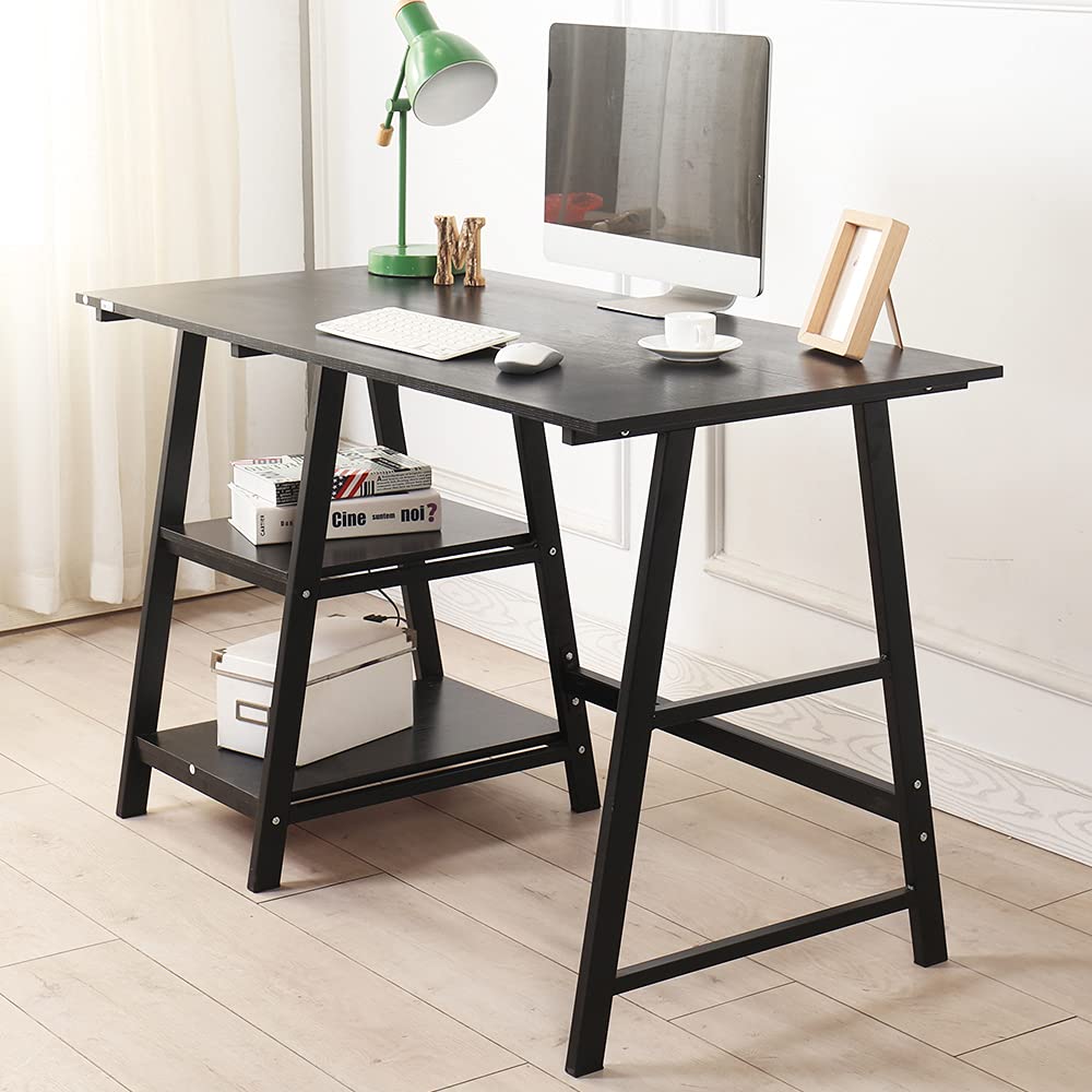 Trestle Desk with 2 Shelves, soges 47 inches Reversible Storage Desk with Racks, Home Office Computer Desk Organizer Workstation, Student Desk Wooden School Desk, Black