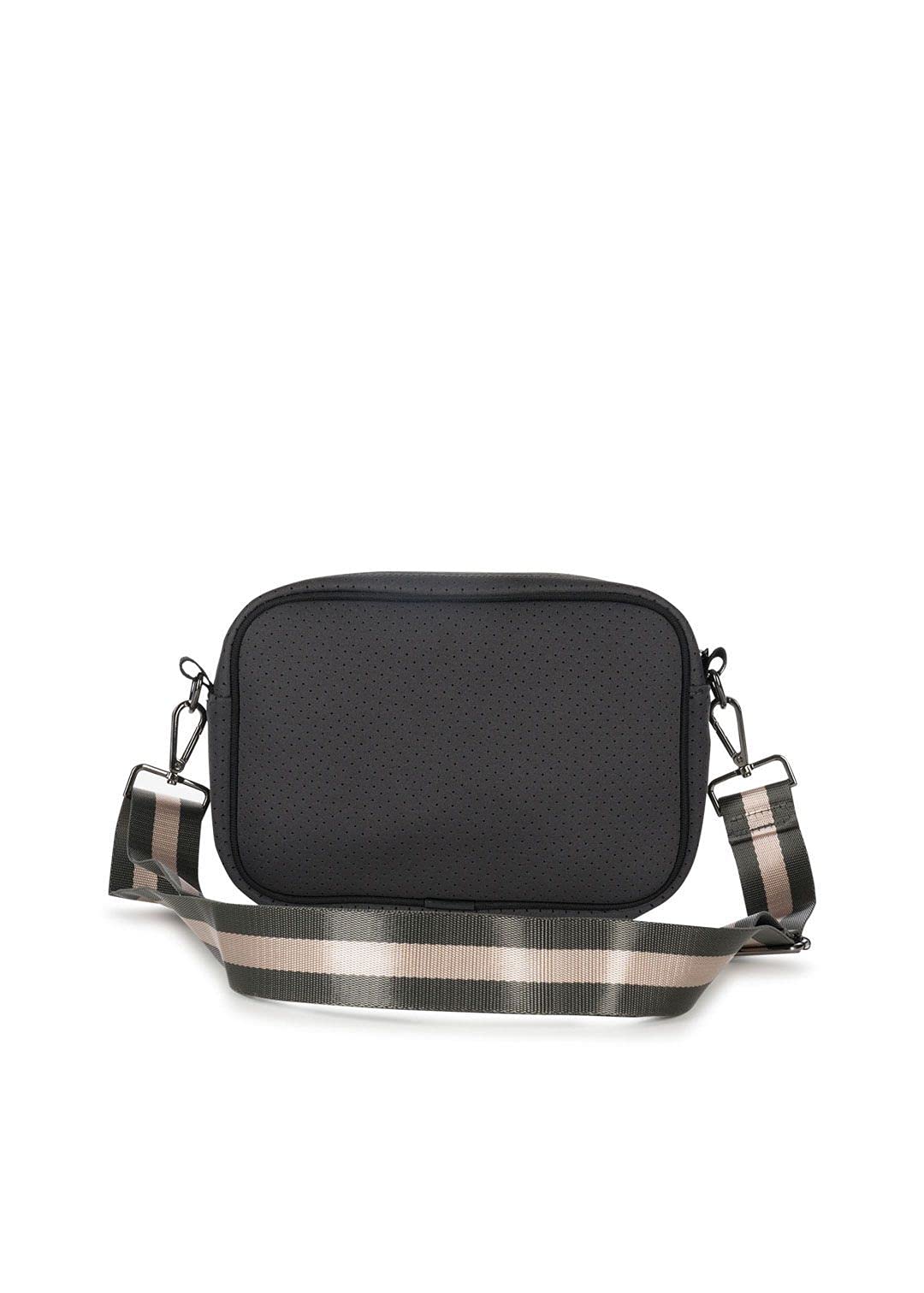 Haute Shore - Drew Safari Crossbody Tote, Taupe Camo W/Charcoal & Rosegold Stripe
