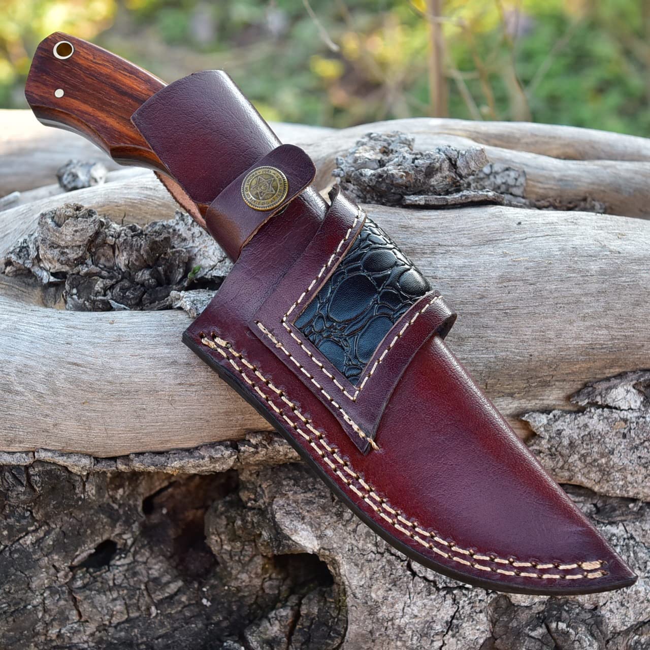 Grace Knives Hunting Knife Damascus Steel 9.25 Inches Fixed Blade Knife with Leather Sheath G-1086 (Rose Wood)