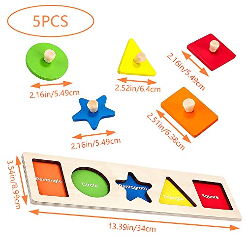 Geometric Shape Pegged Puzzle Learning Montessori Educational Preschool Toys Wooden Shape Peg Puzzles with Knobs for Toddlers and Preschoolers Ages 12 Months Up