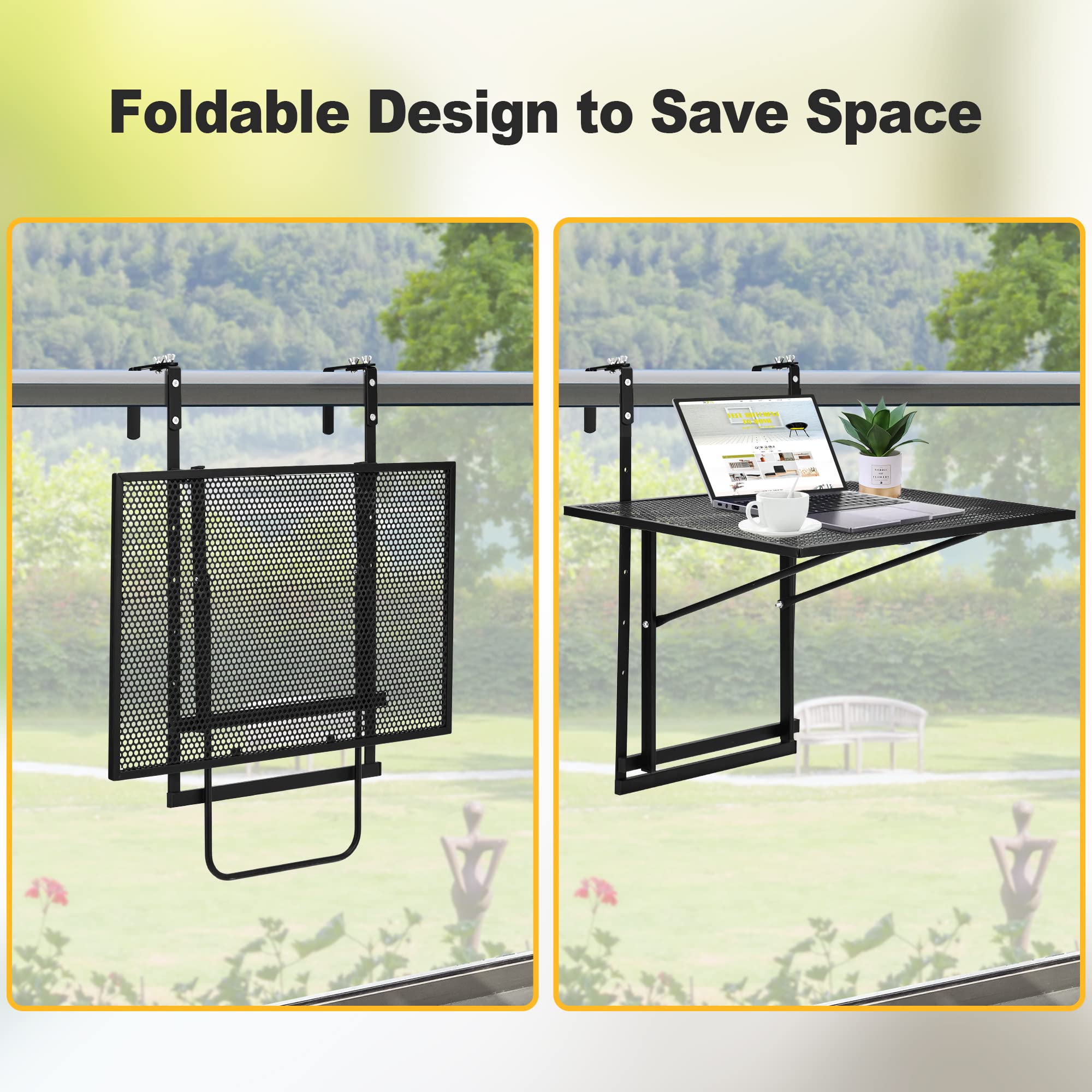 Eusuncaly Balcony Railing Table Patio Folding Hanging Desk Balcony Bar Table for Railings,5-Level Height Adjustable,Metal Folding Table for Balcony Patio Deck Window,24" x 15.7" Black