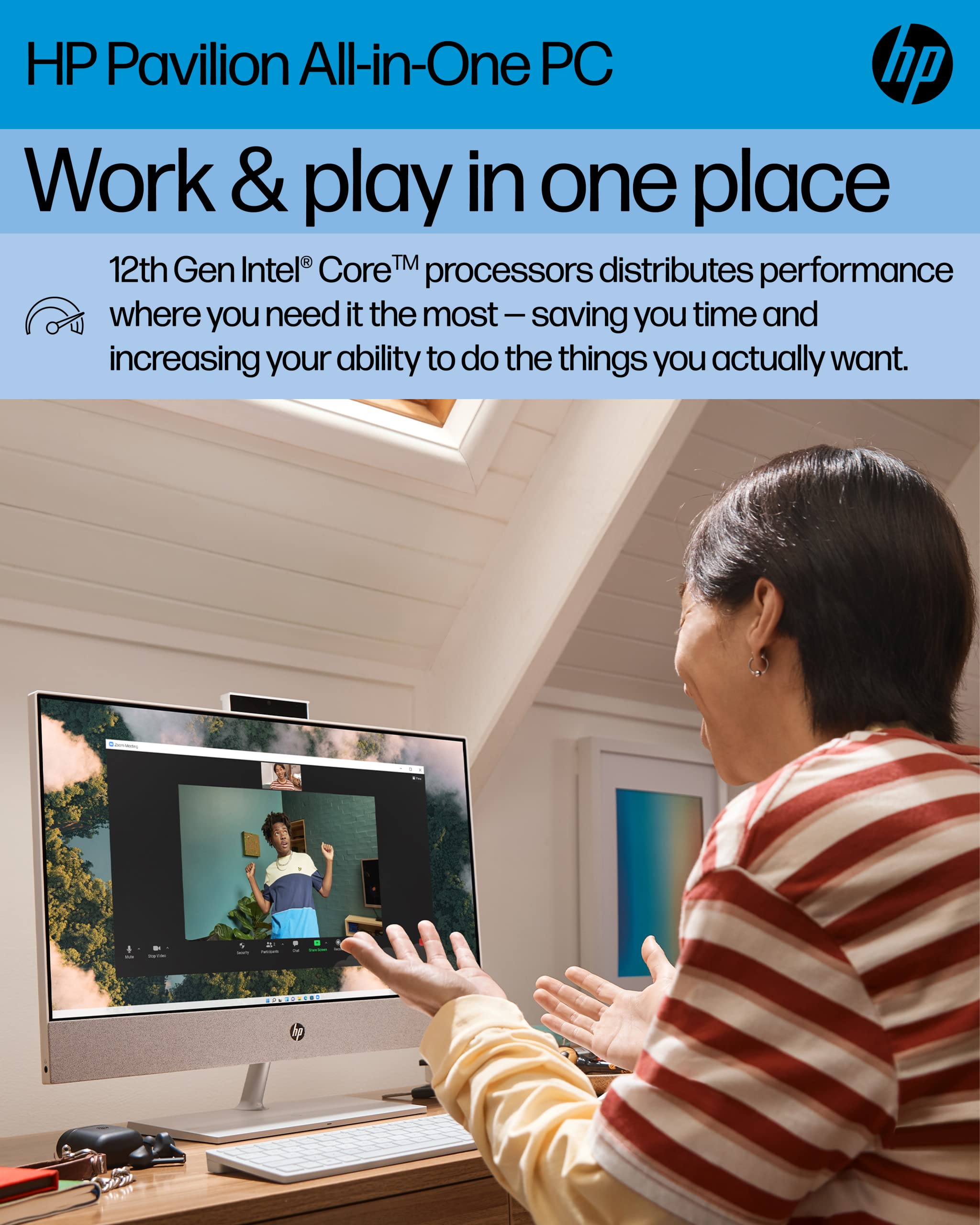 HP Pavilion All-in-One PC, 12th Gen Intel Core i7-12700T, 16 GB RAM, 256 GB SSD, Full HD IPS Touchscreen, Windows 11 Home, 4K Graphics, Wireless Mouse & Keyboard, 5 MP Pop-Up Camera (27-CA1180, 2022)