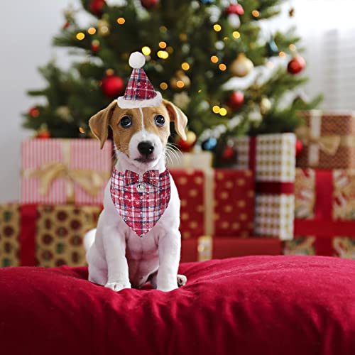 PTDECOR Christmas Dog Bandana Hat Bow, Red Plaid Dog Christmas Hat Scarf Triangle Dog Bibs Kerchief Christmas Bandanas for Small Medium Dogs Pets