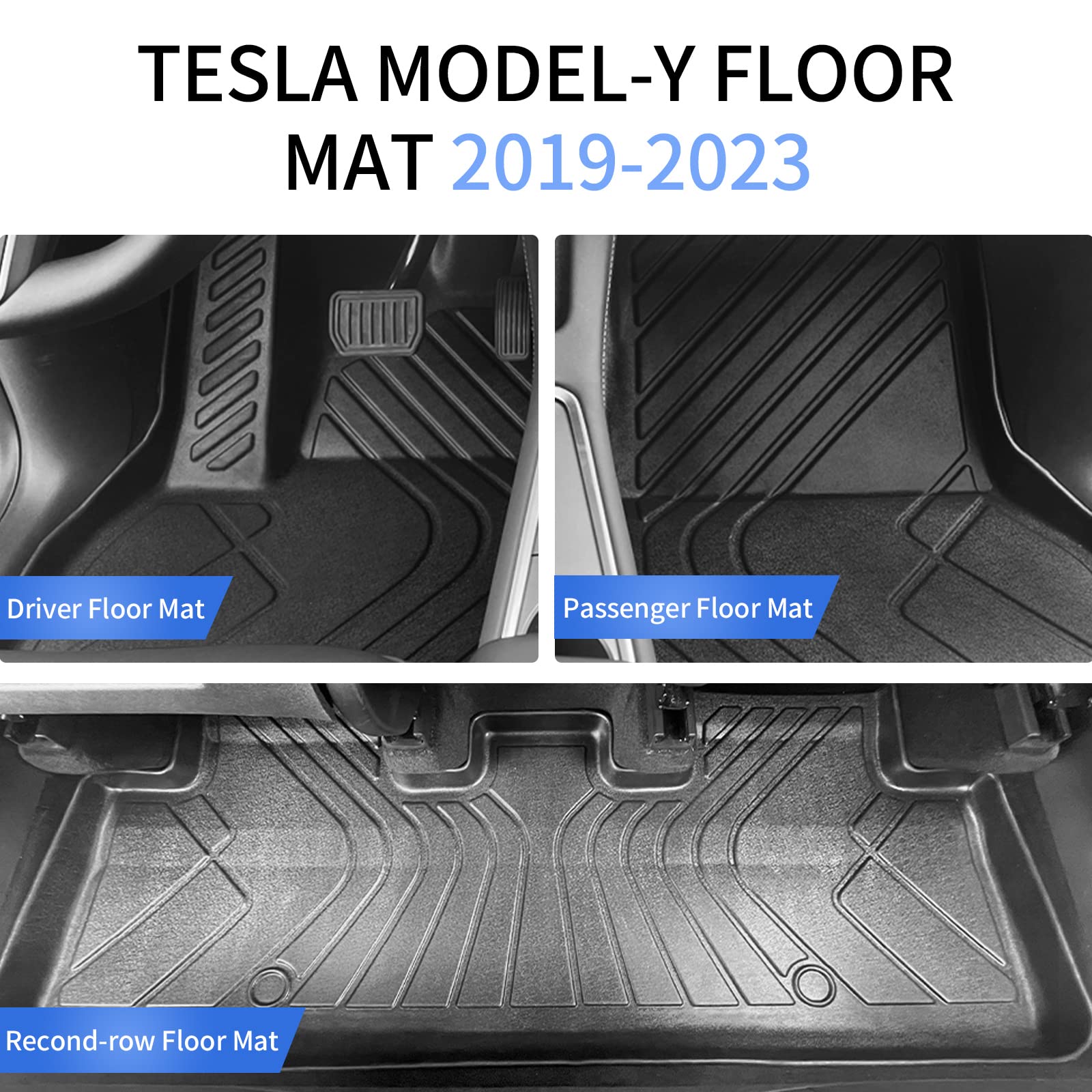Fly5D 3PCS Tesla Model Y Floor Mats, All-weather Waterproof Non-slip Floor Mat, Custom Fit Floor Liners for Tesla Model Y 2019-2023 (1st & 2nd Row)