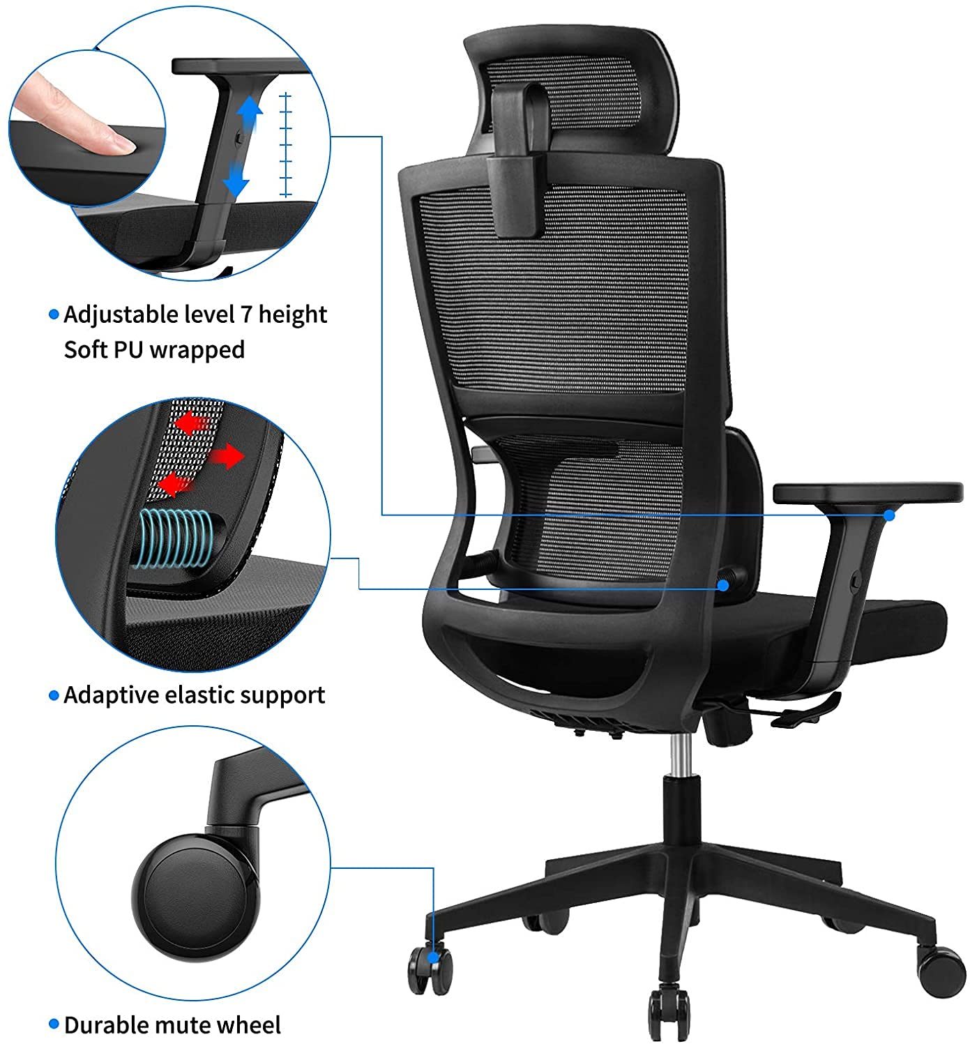 Ergonomic Office Chair with Upgraded Lumbar Support and Adjustable Armrest Headrest, Desk Chair with Mesh High Back, Home Office Desk Chair, Computer Chair, Rolling Chair