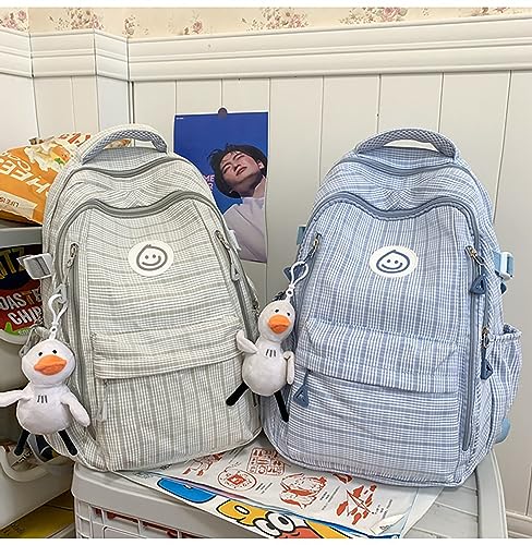 Qyrno Plaid Backpack Kawaii Backpack with Cute Accessories Cute Backpack Aesthetic Backpack DIY Backpack (5-Grey)