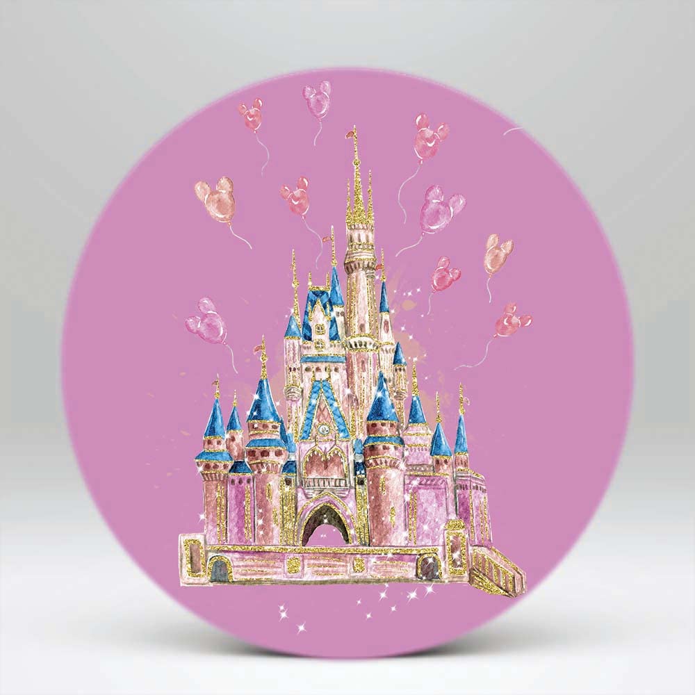 iydoda Baby Girl Birthday Party Decoration 7.5ft Diameter Round Backdrop Pink Castle Golden Cartoon Background Blue Shield Pattern Washable Ironable Fabric
