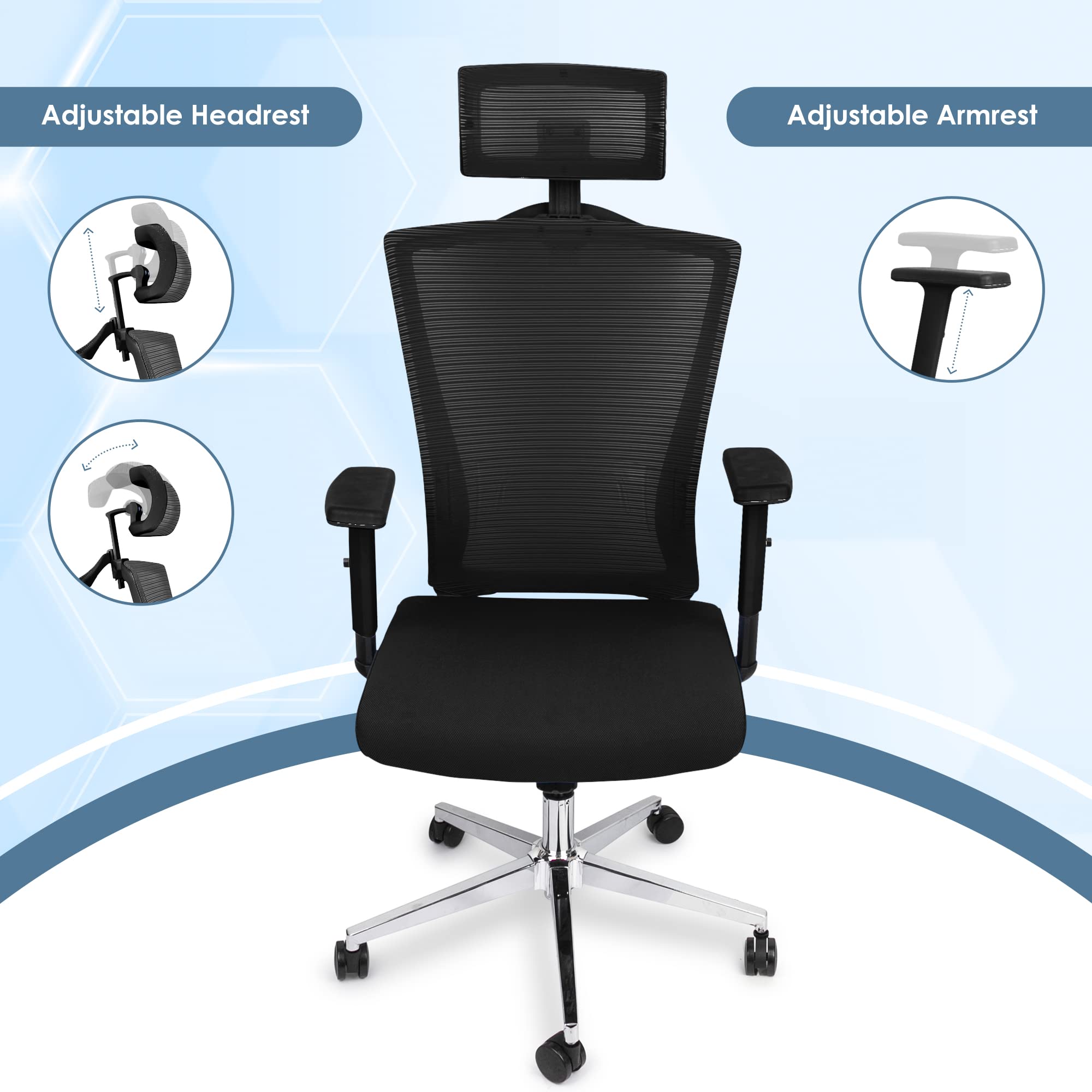 Ergonomic Office Chair - Seat with Adjustable Mesh Headrest & High Back Support - Relieves Back Pressure & Provides Lumbar Support - Height Adjustable Reclining & Rolling Office Chair