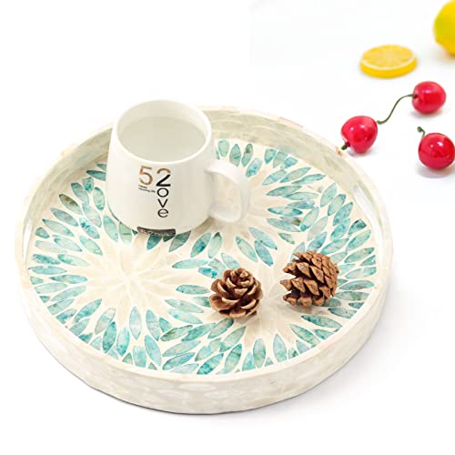 Round Serving Tray Shell Coffee Table Tray with Handles Elegant Decorative Tray for Food,Breakfast,Dinner,Ottoman,Parties,Restaurants and Bathroom, Blue, 11.8'